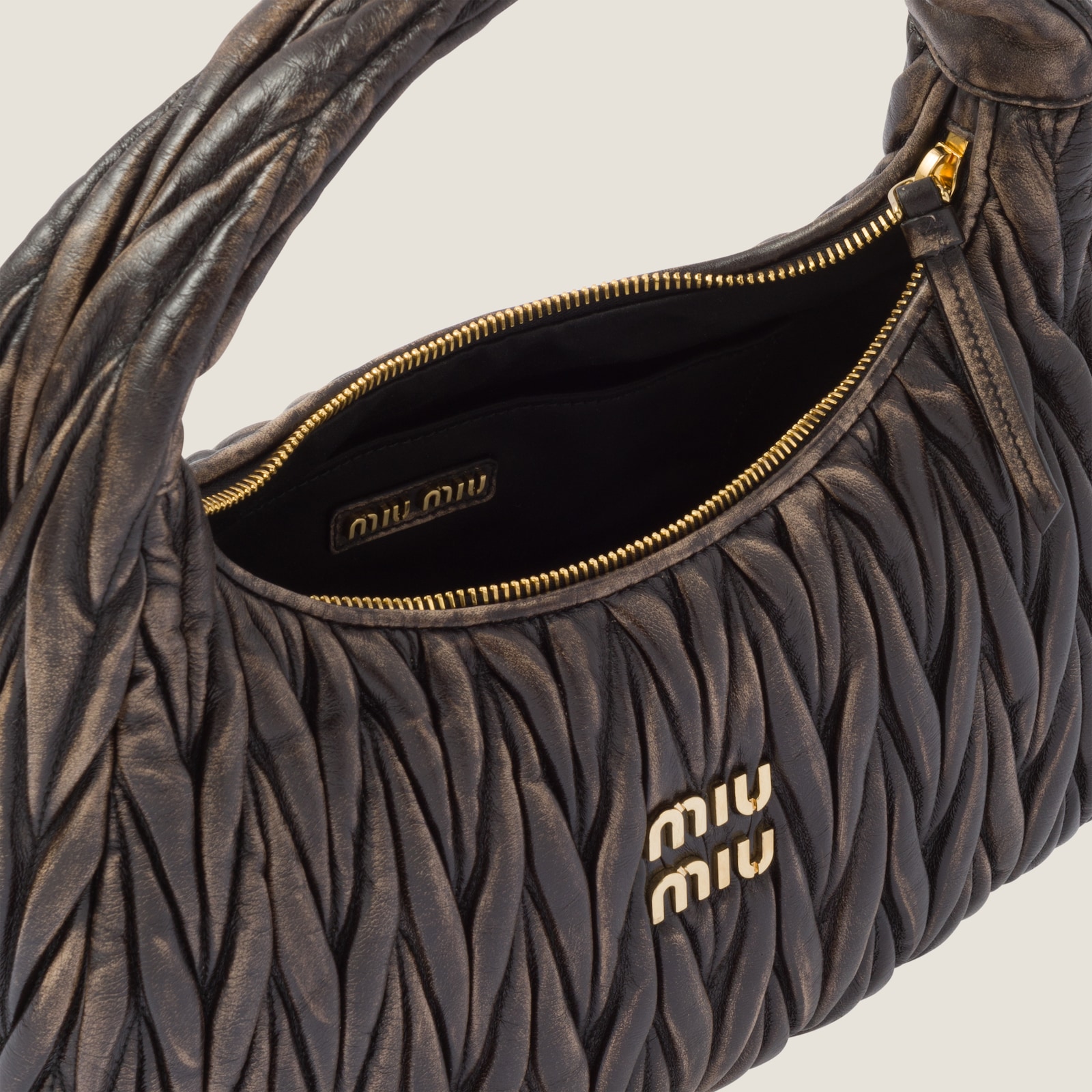 Sand/coffee Miu Wander Matelassé Nappa Leather Hobo Bag | Miu Miu
