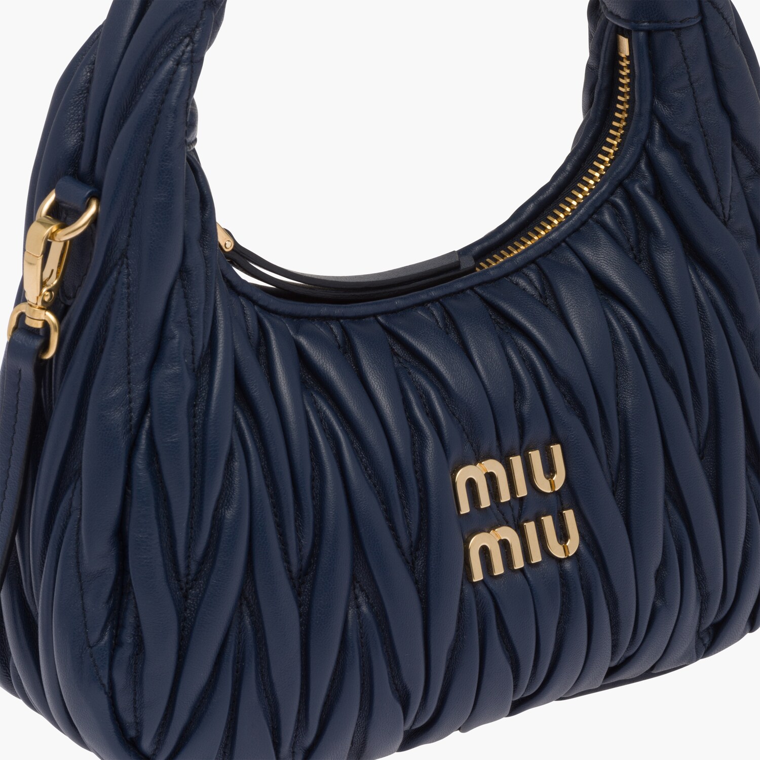 Baltic Blue Miu Wander matelassé nappa leather mini hobo bag | MIU MIU