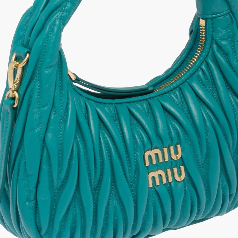 Peacock Blue Miu Wander Matelassé Nappa Leather Mini Hobo Bag | Miu Miu