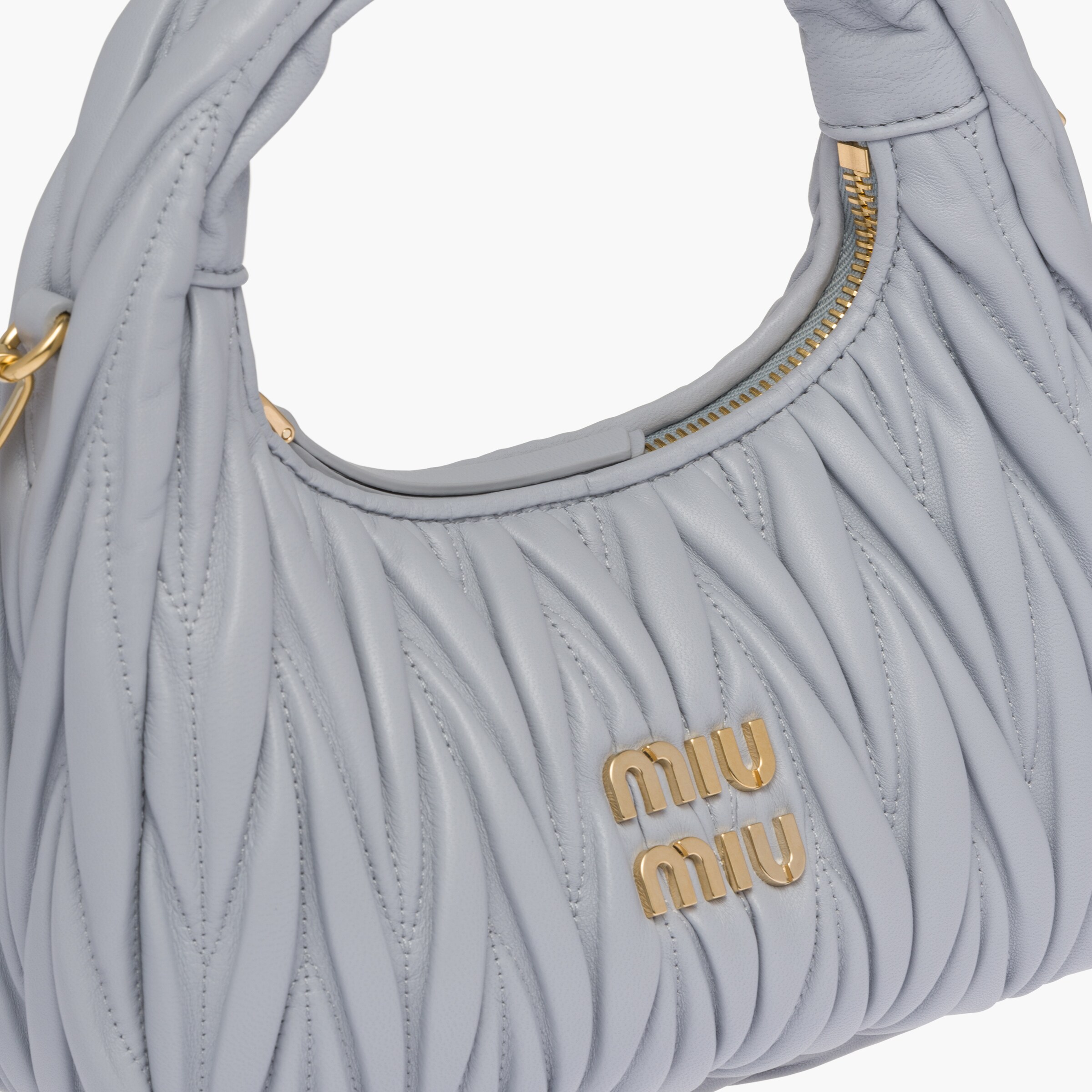 Cornflower Miu Wander matelassé nappa leather mini hobo bag | MIU MIU