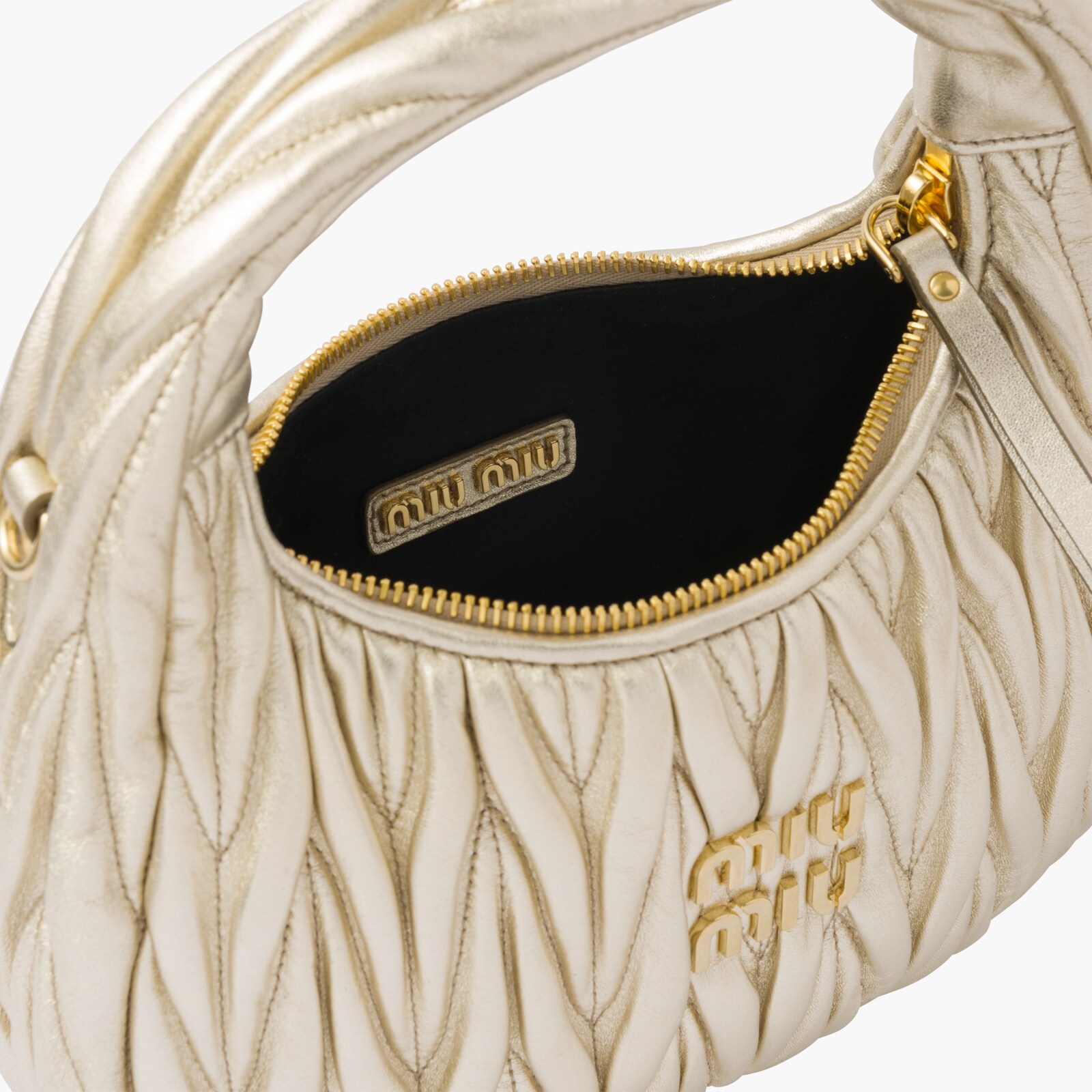 Pyrite Miu Wander matelassé nappa leather mini hobo bag | MIU MIU