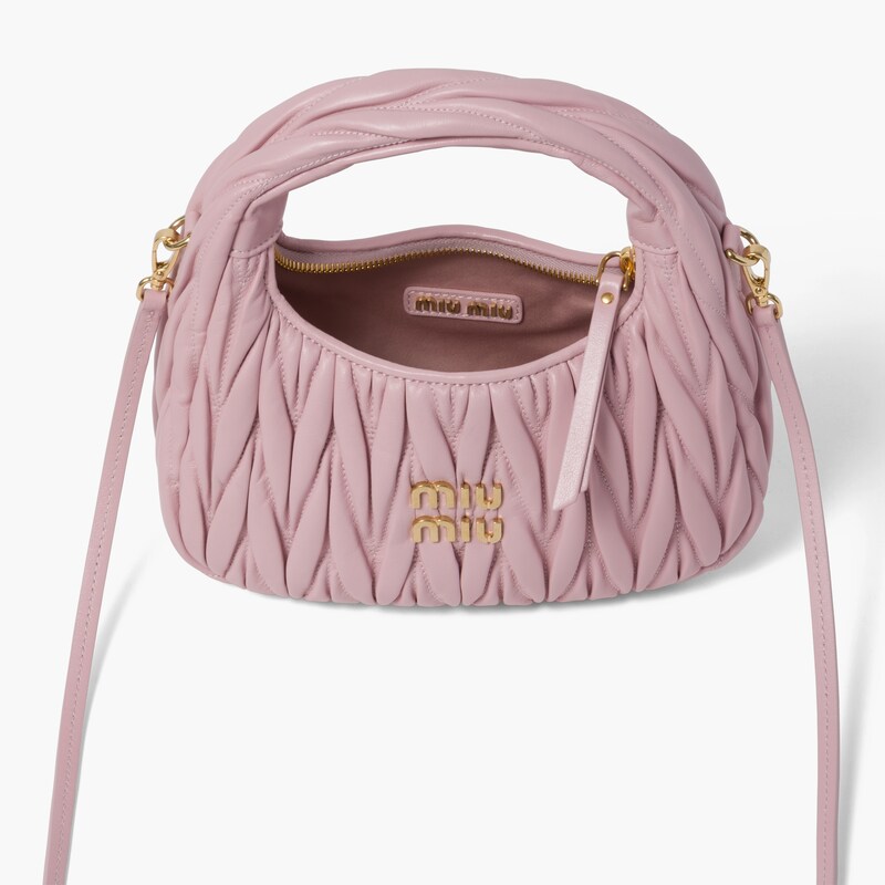Alabaster Pink Miu Wander Matelassé Nappa Leather Mini Hobo Bag | Miu Miu