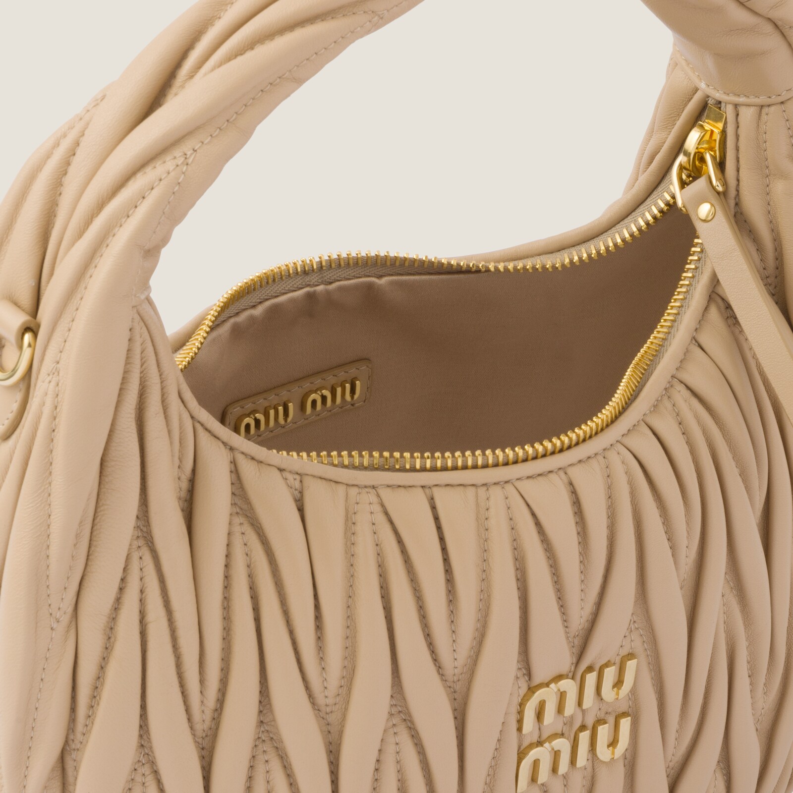 Sand Beige Miu Wander Matelassé Nappa Leather Hobo Bag | Miu Miu