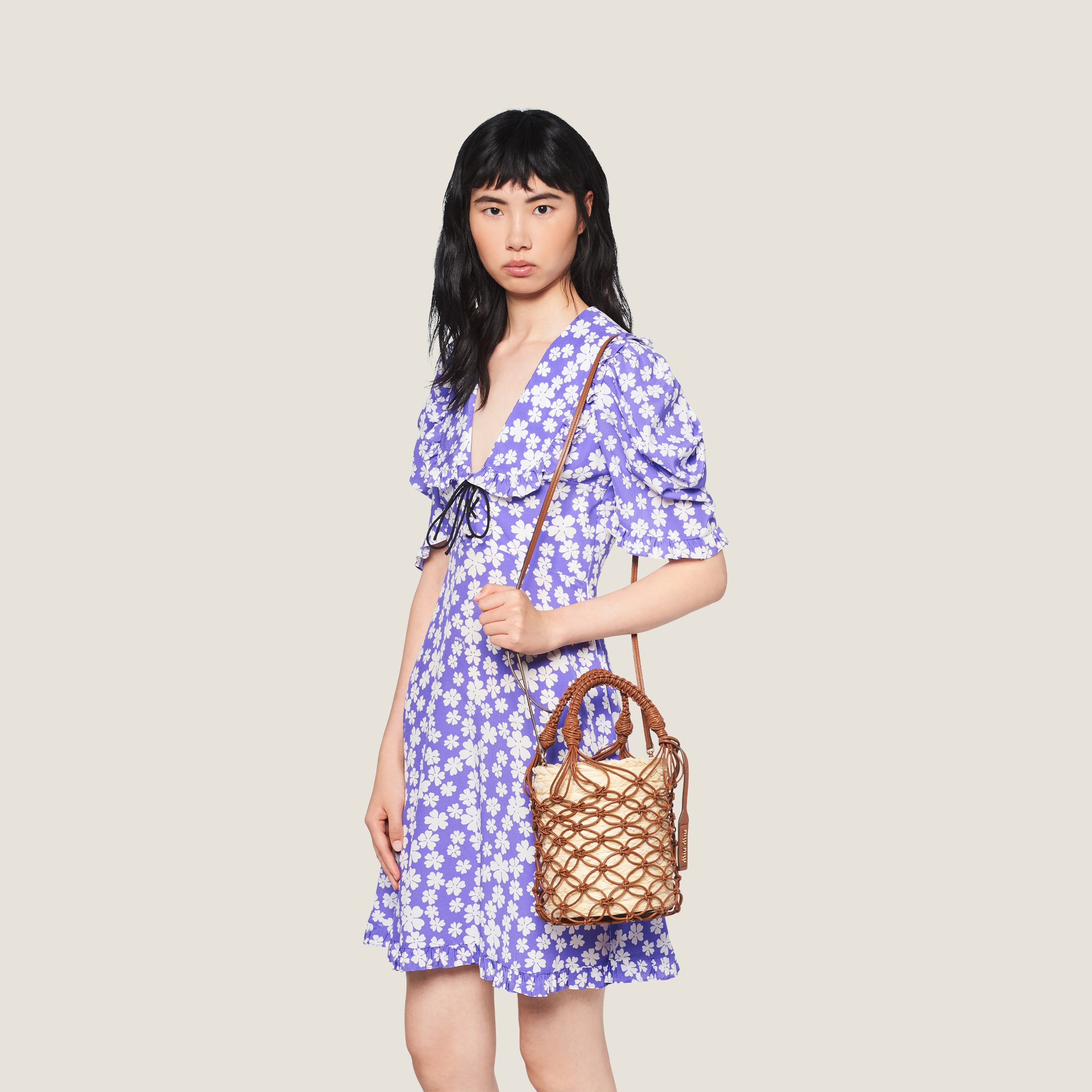 Beige/cognac Leather Mesh And Straw Bucket Bag | Miu Miu