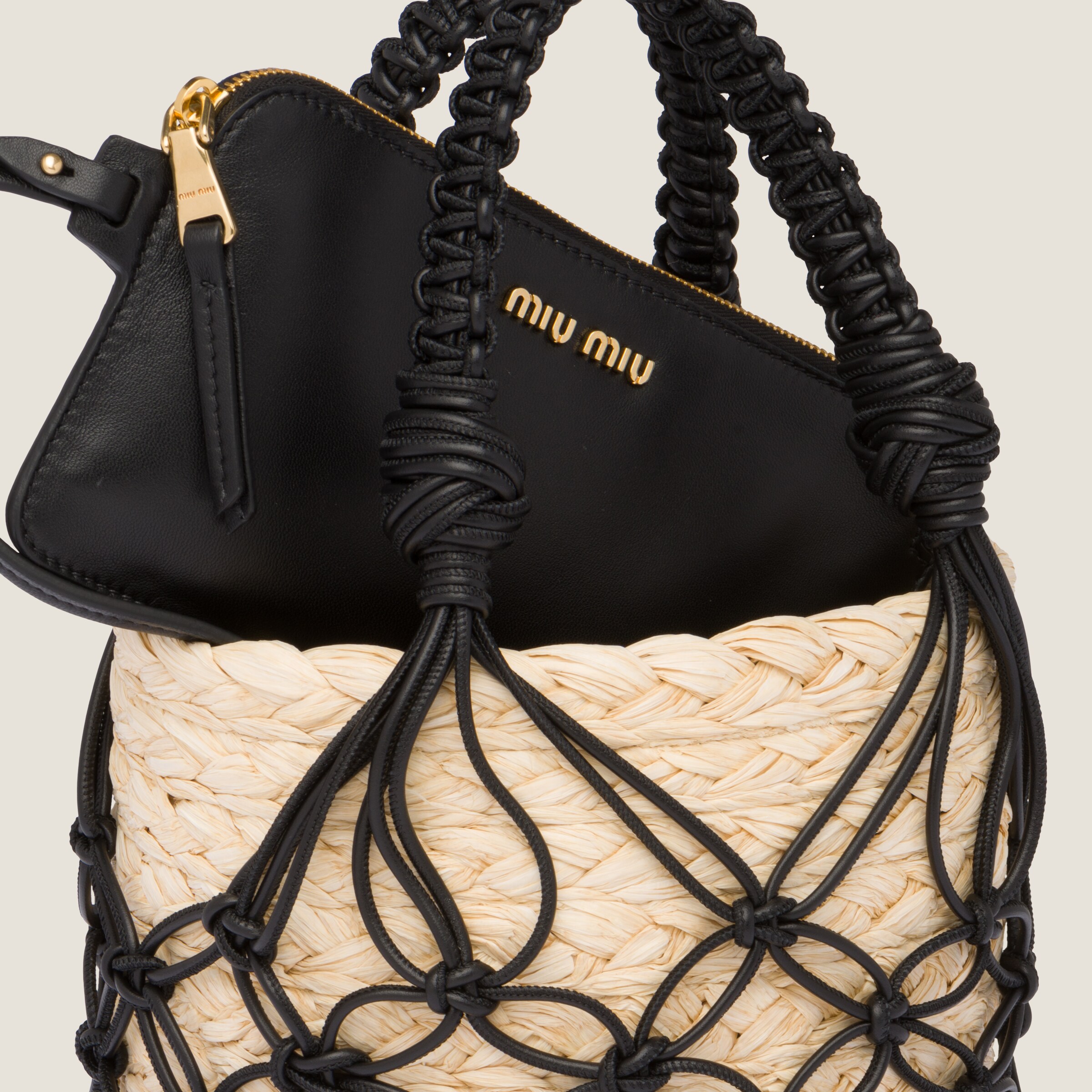 Sac Seau En Paille, Maille Et Cuir Fauve/noir | Miu Miu