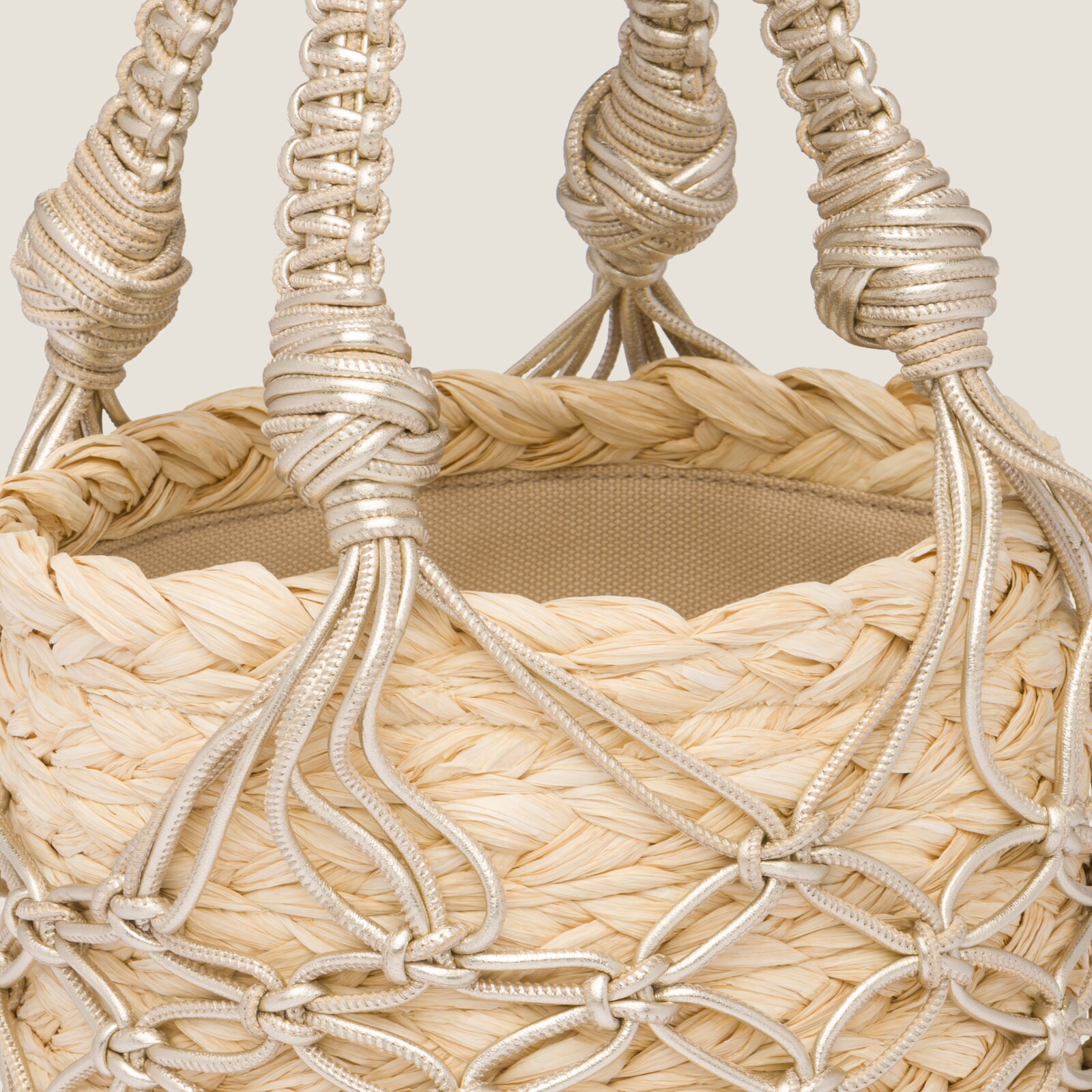Tan/pyrite Leather Mesh And Straw Bucket Bag | Miu Miu
