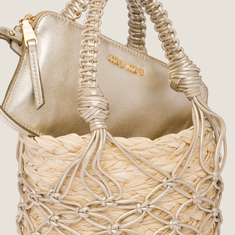 Tan/pyrite Leather Mesh And Straw Bucket Bag | Miu Miu