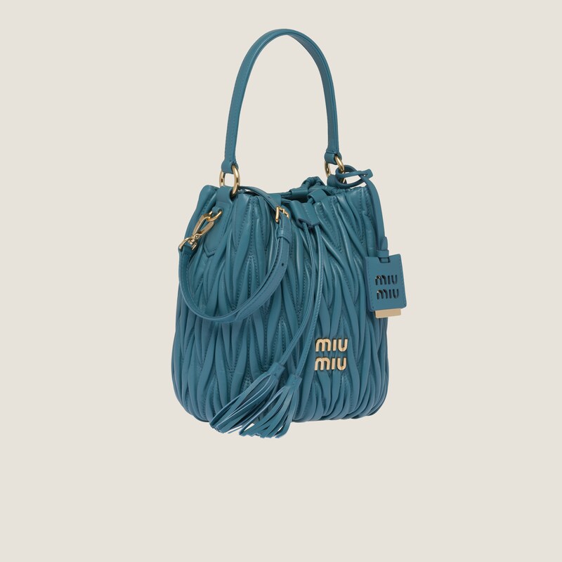Marina Blue Matelassé Nappa Leather Bucket Bag | Miu Miu