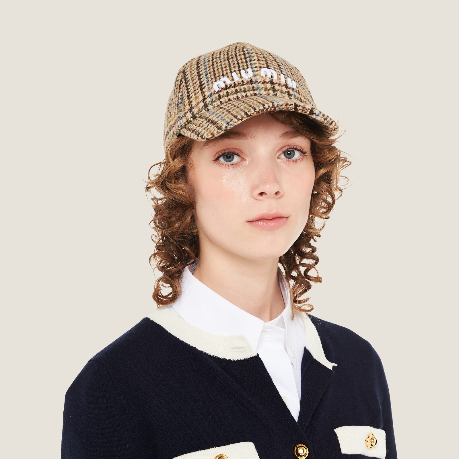 Cocoa Brown Plaid Shetland Wool Baseball Cap | Miu Miu