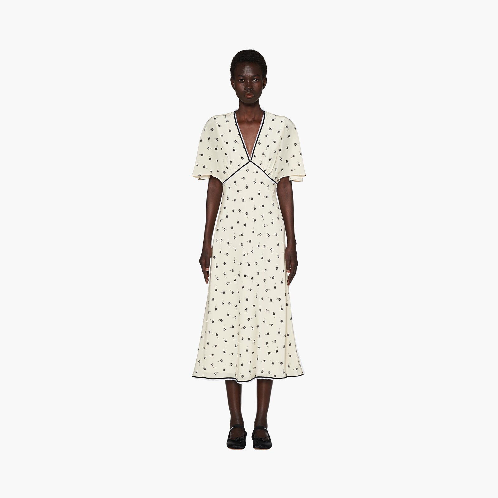 Ivory/black Crepe De Chine Midi Dress | Miu Miu