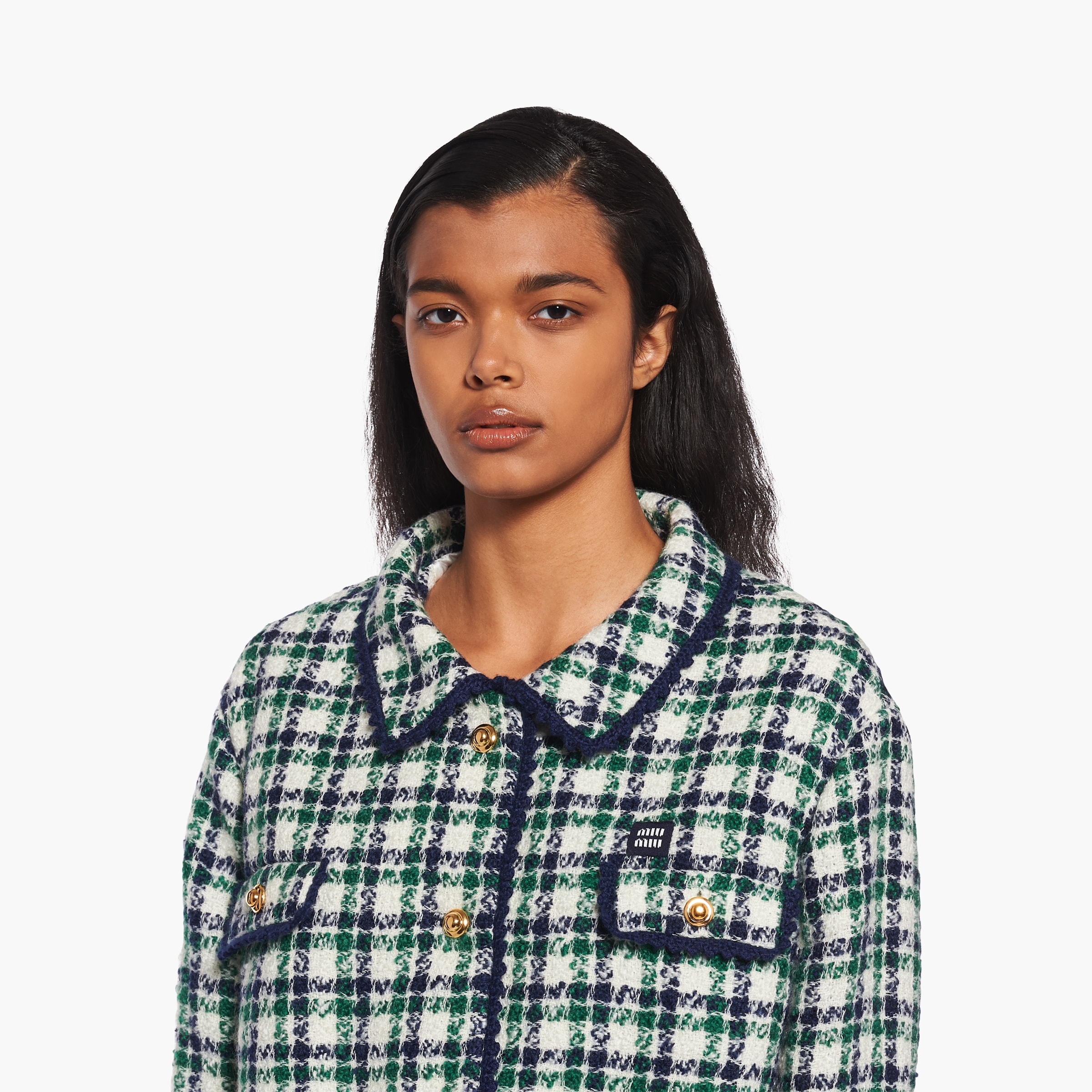 White/Green Single-breasted check tweed jacket | MIU MIU