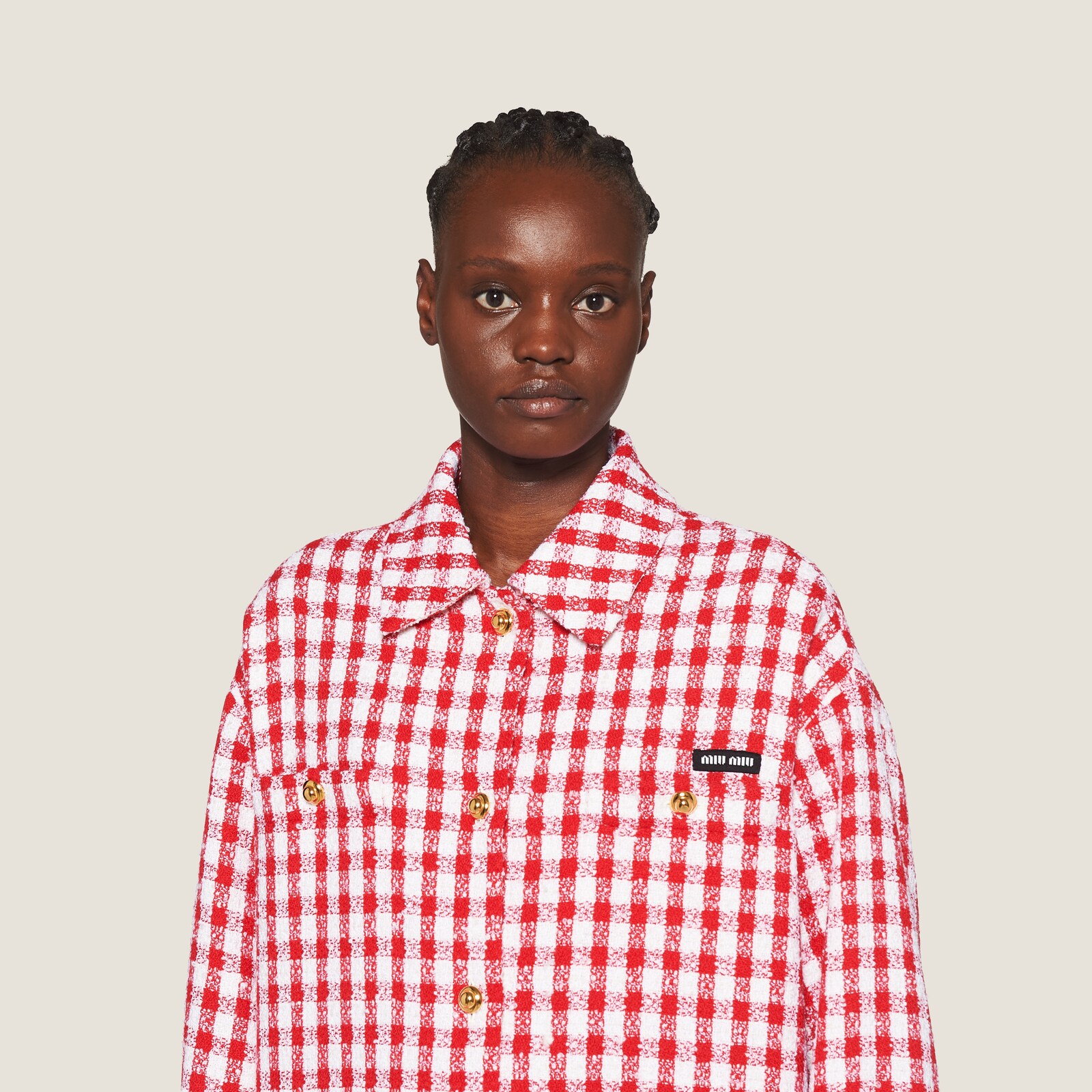 White/red Gingham Check Bouclé Blouson Jacket | Miu Miu