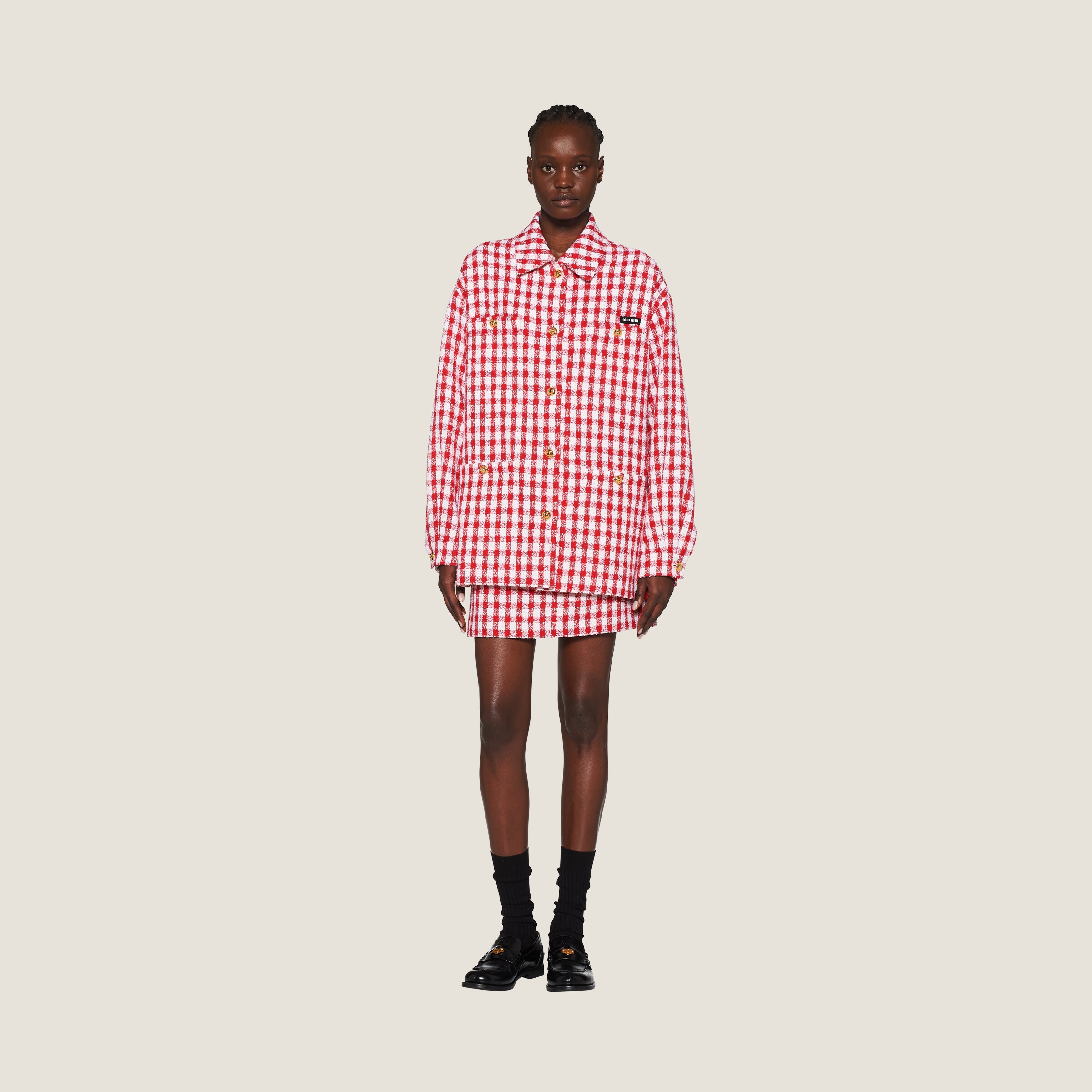 White/red Gingham Check Bouclé Blouson Jacket | Miu Miu