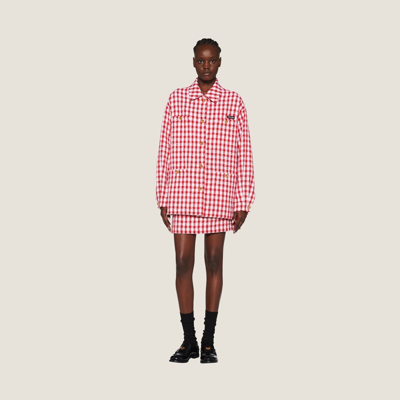 White/red Gingham Check Bouclé Blouson Jacket | Miu Miu