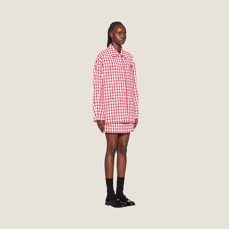 White/red Gingham Check Bouclé Blouson Jacket | Miu Miu