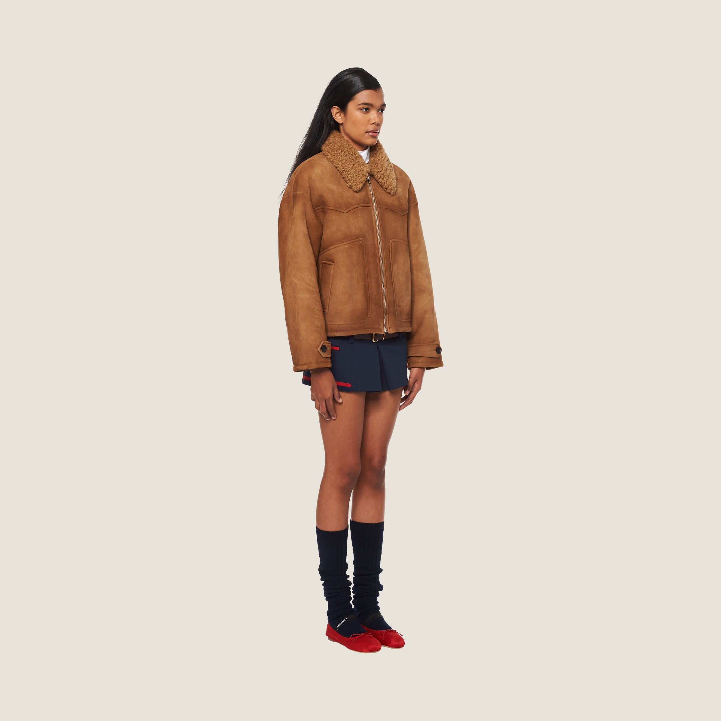 Cork Beige Oversized Suede Shearling Jacket | Miu Miu