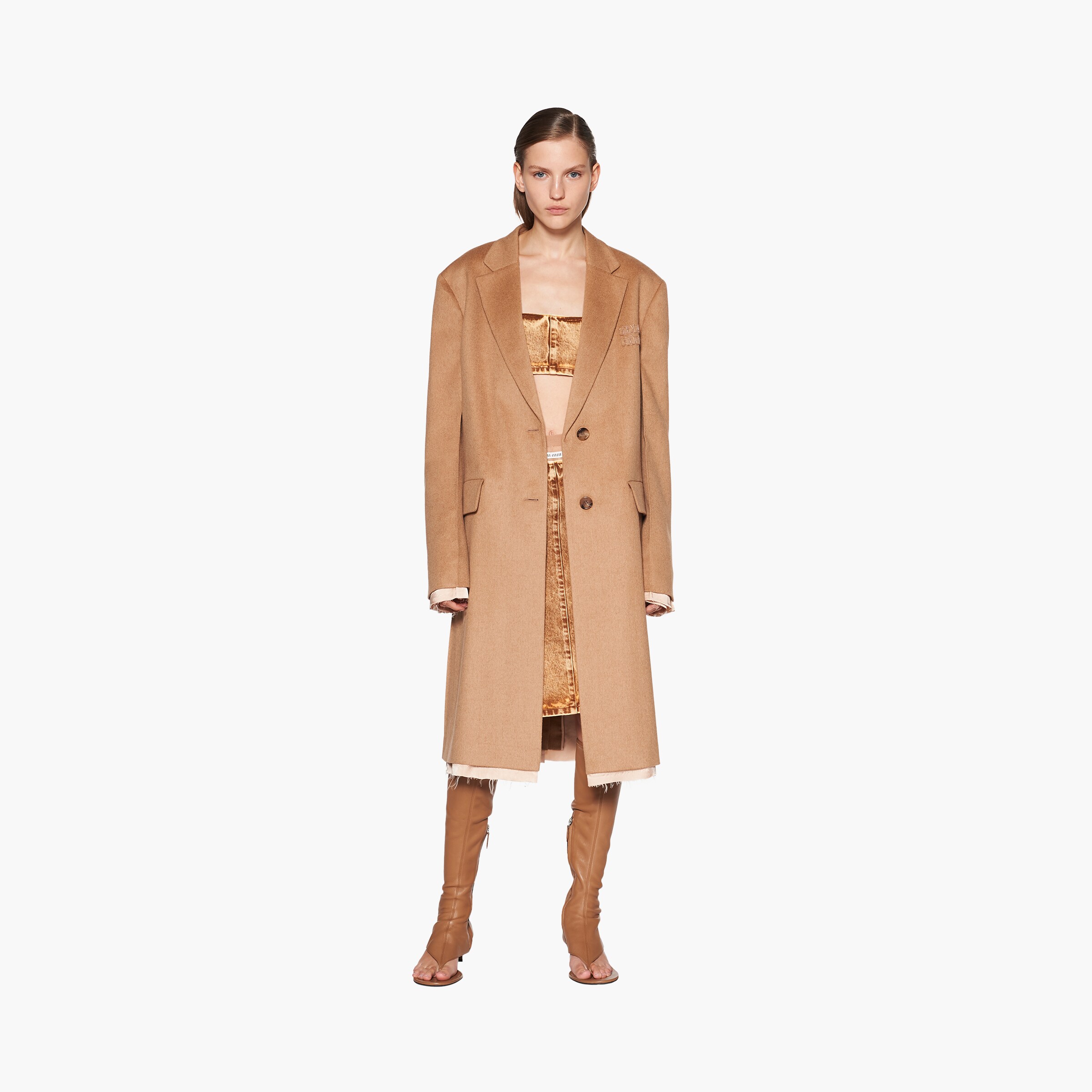 Camel Brown Single-breasted Velour Camel Hair Coat | Miu Miu