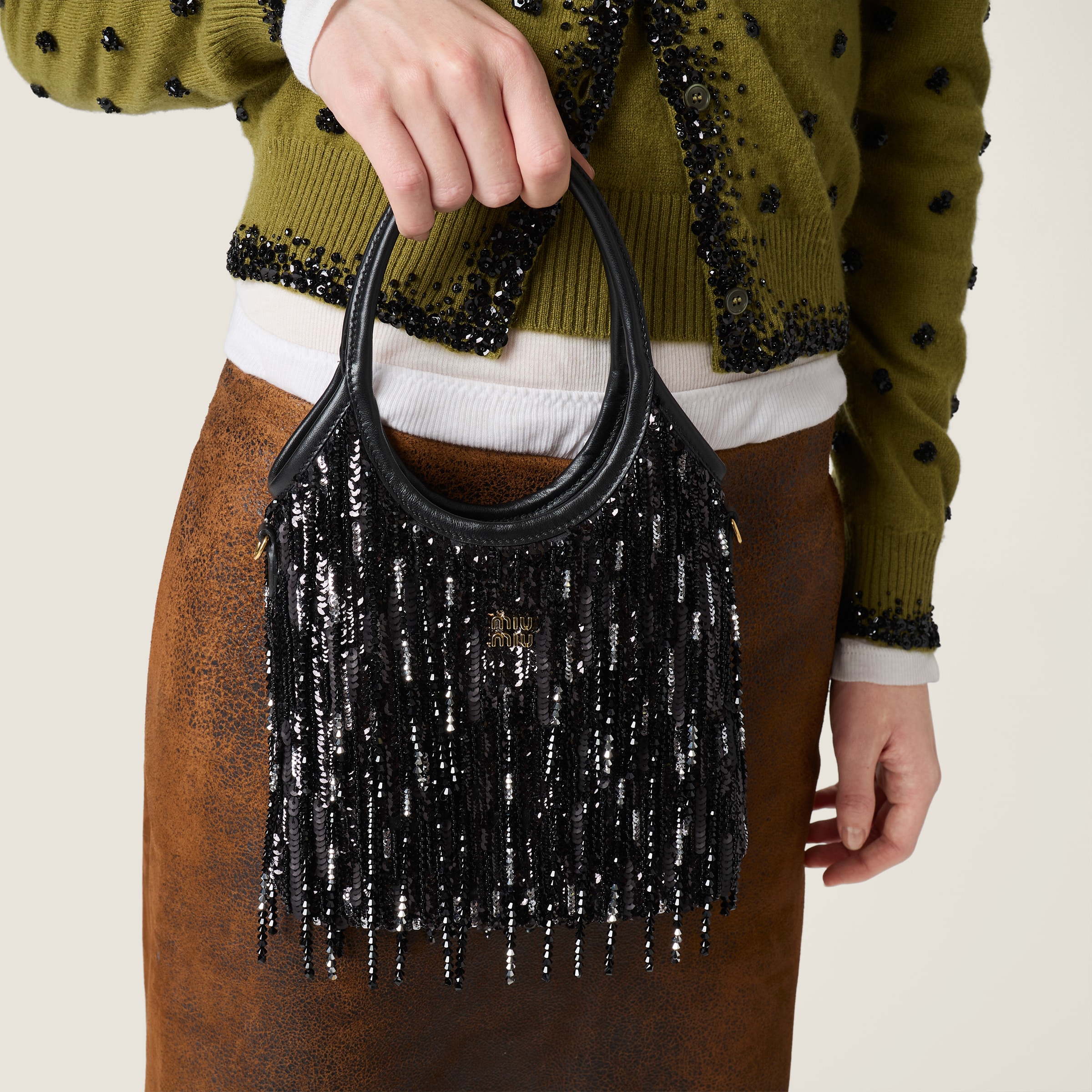 Black Ivy Satin Handbag With Crystal And Sequin Fringe | Miu Miu