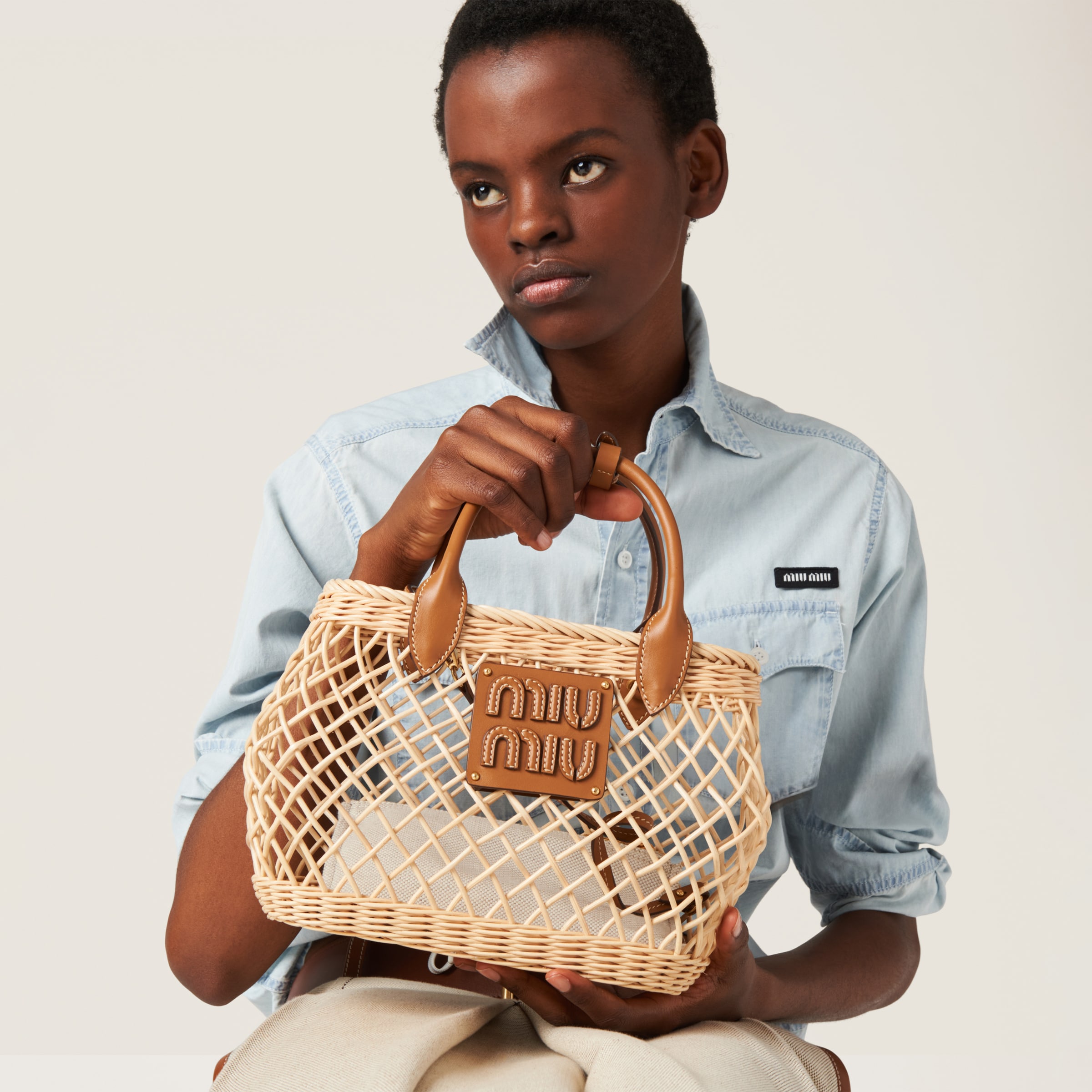 Tan/caramel Woven Fabric Handbag With Leather Trim | Miu Miu