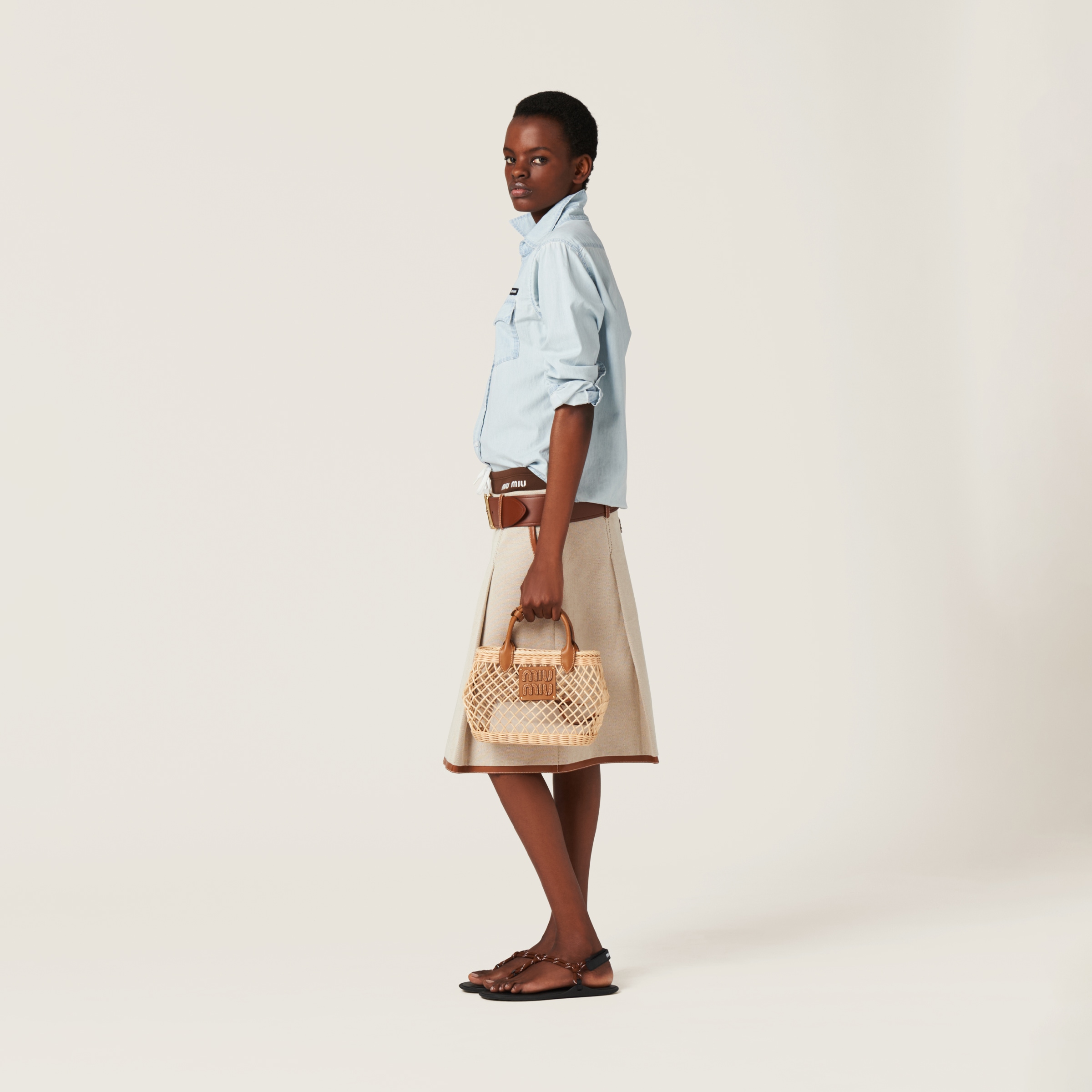 Tan/caramel Woven Fabric Handbag With Leather Trim | Miu Miu