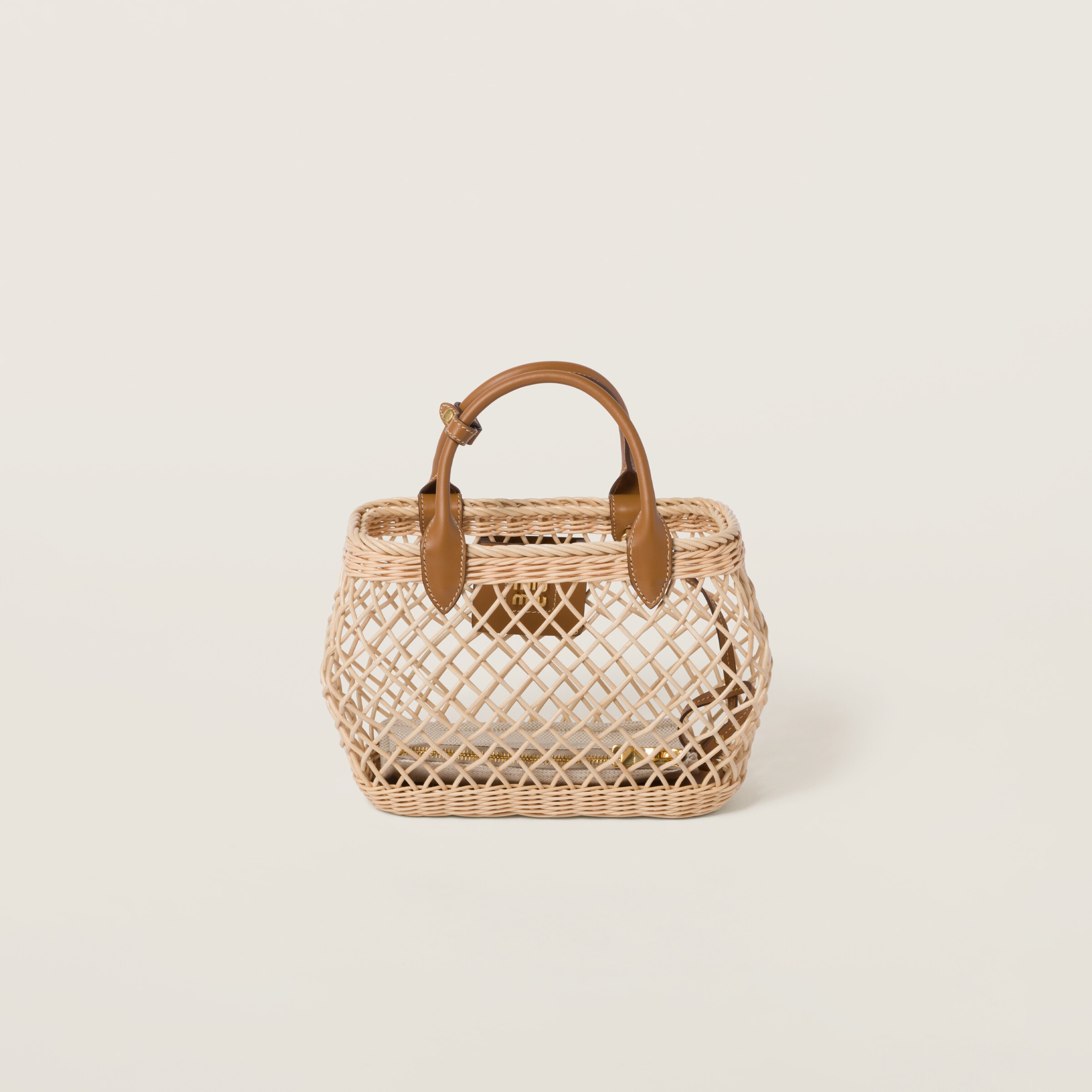 Tan/caramel Woven Fabric Handbag With Leather Trim | Miu Miu
