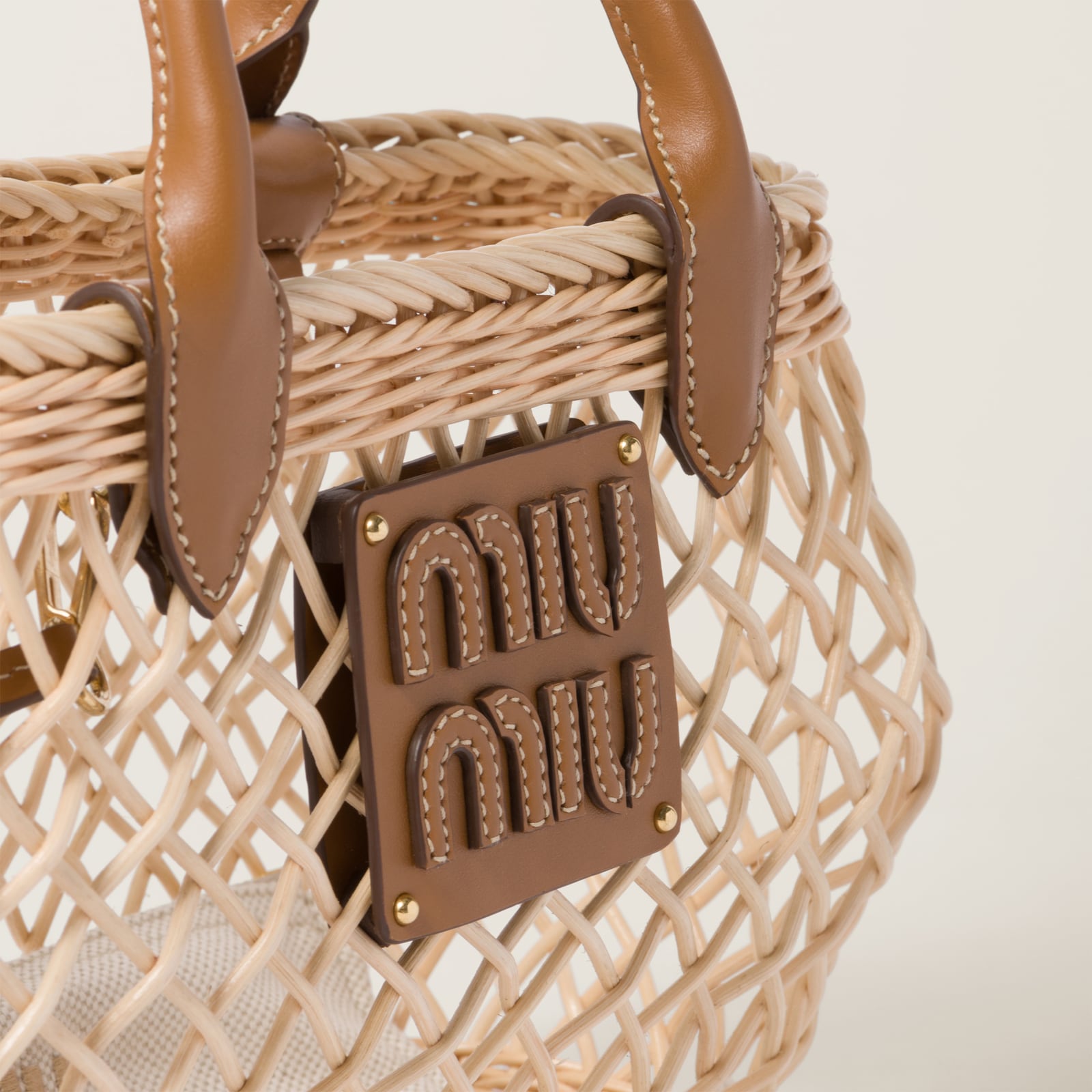 Tan/caramel Woven Fabric Handbag With Leather Trim | Miu Miu