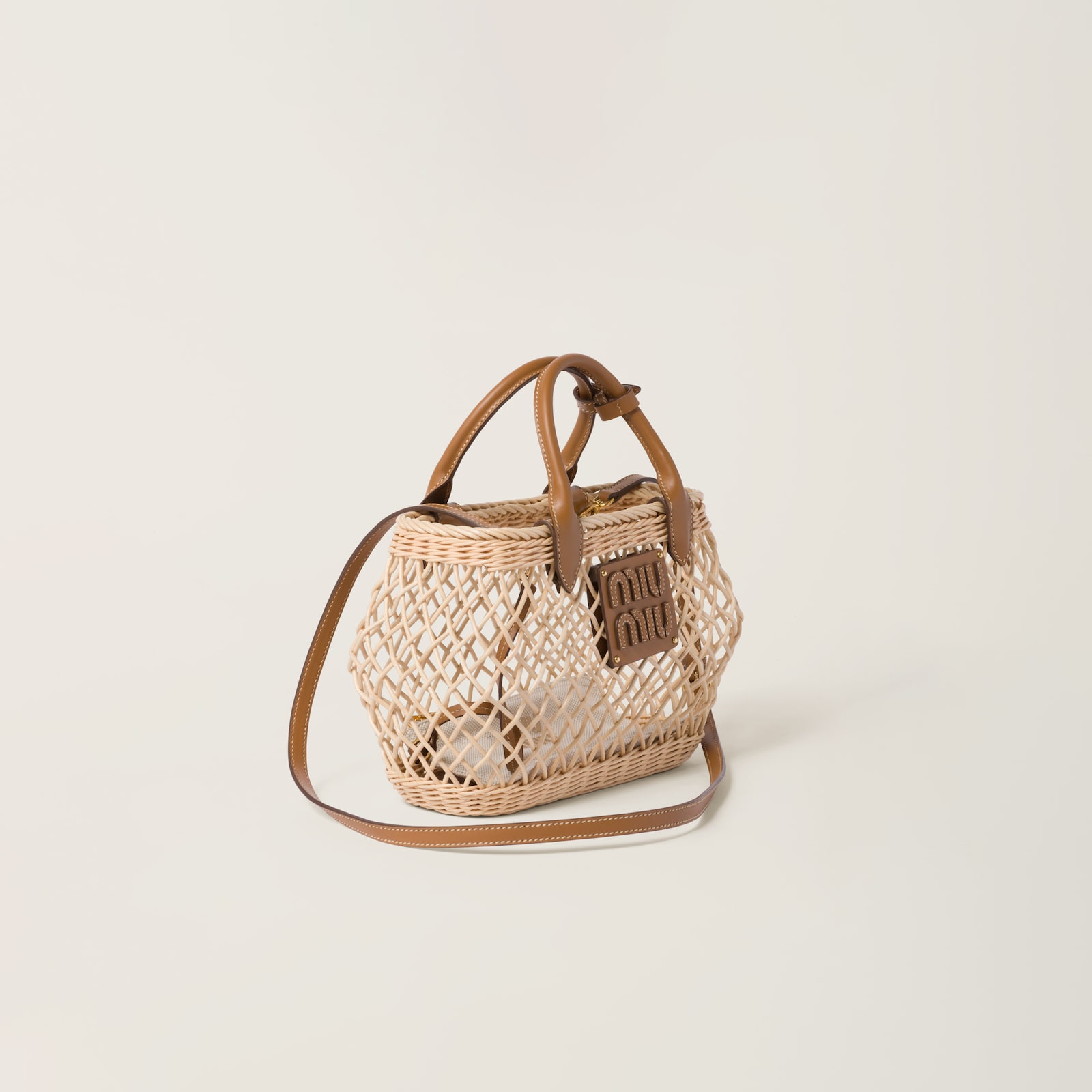 Tan/caramel Woven Fabric Handbag With Leather Trim | Miu Miu