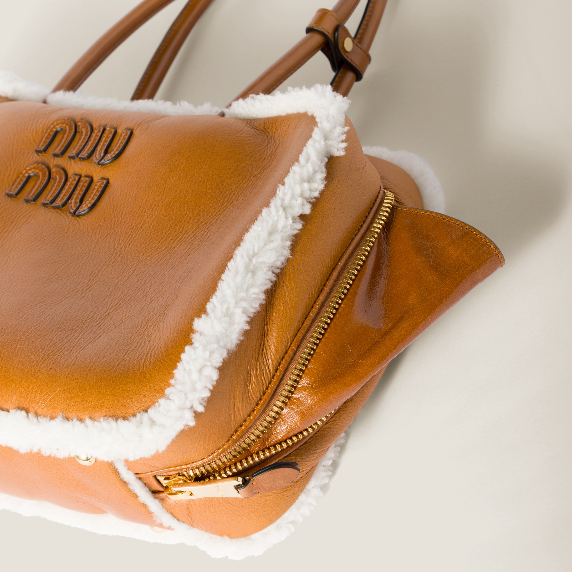 Cognac/natural Beau Shearling Top-handle Bag | Miu Miu