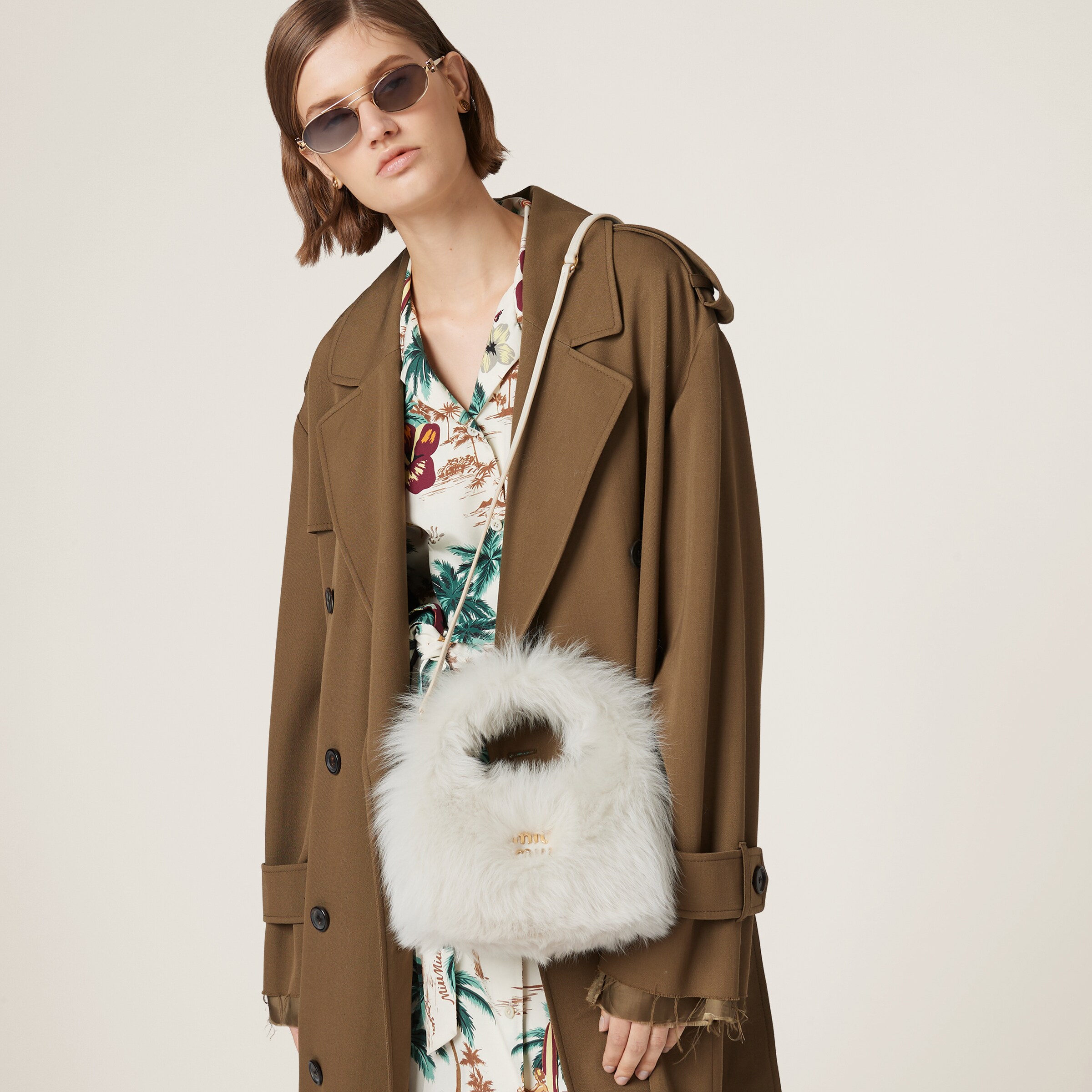 Ivory Wander Shearling Hobo Bag With Leather Details | Miu Miu
