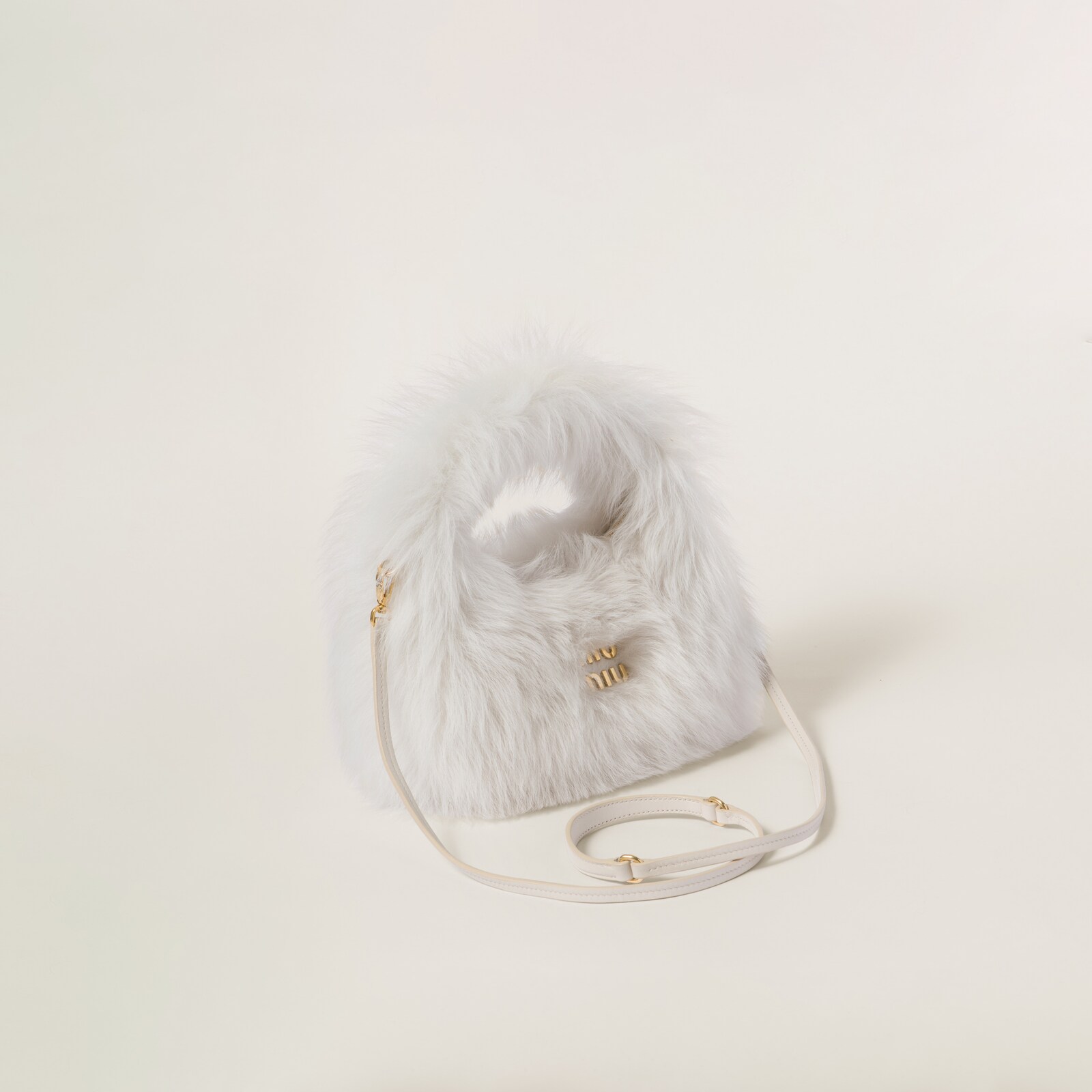 Ivory Wander Shearling Hobo Bag With Leather Details | Miu Miu
