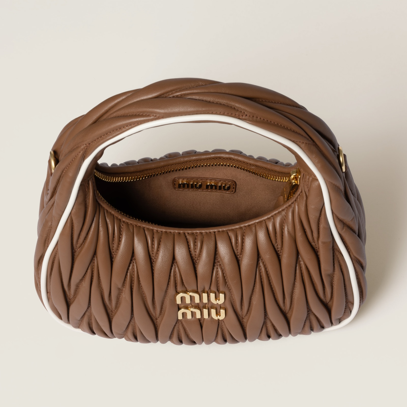 Cognac/white Wander Matelassé Nappa Leather Bag | Miu Miu