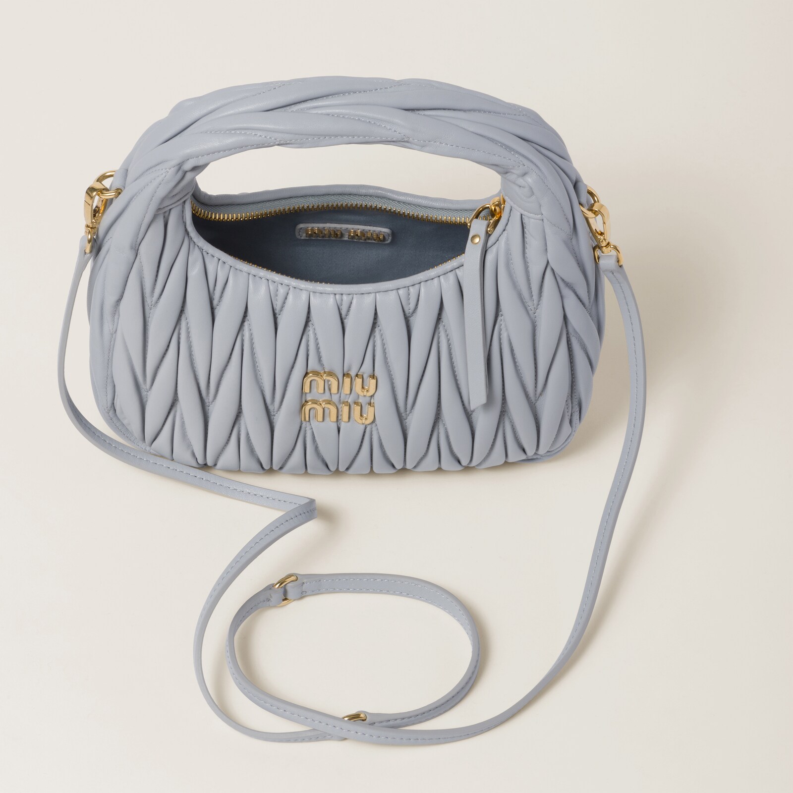 Cornflower Wander Matelassé Nappa Leather Mini Hobo Bag | Miu Miu