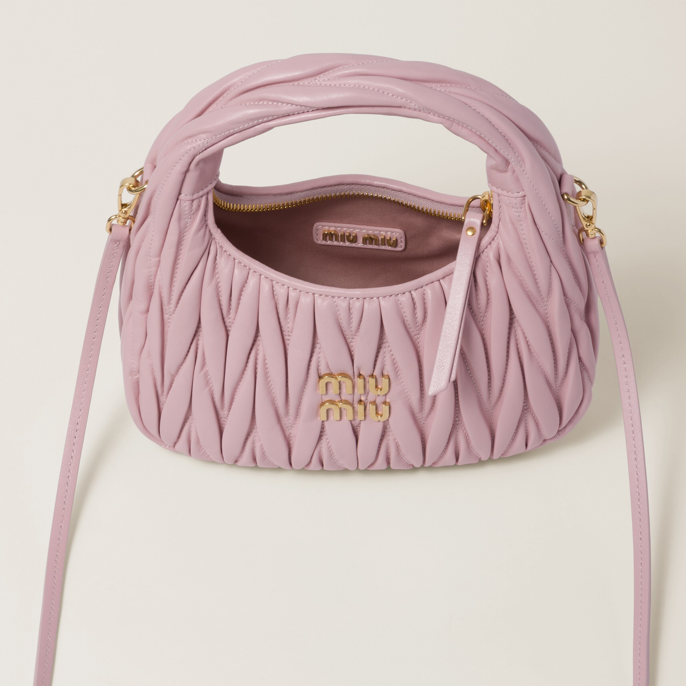 Alabaster Pink Wander Matelassé Nappa Leather Hobo Bag | Miu Miu