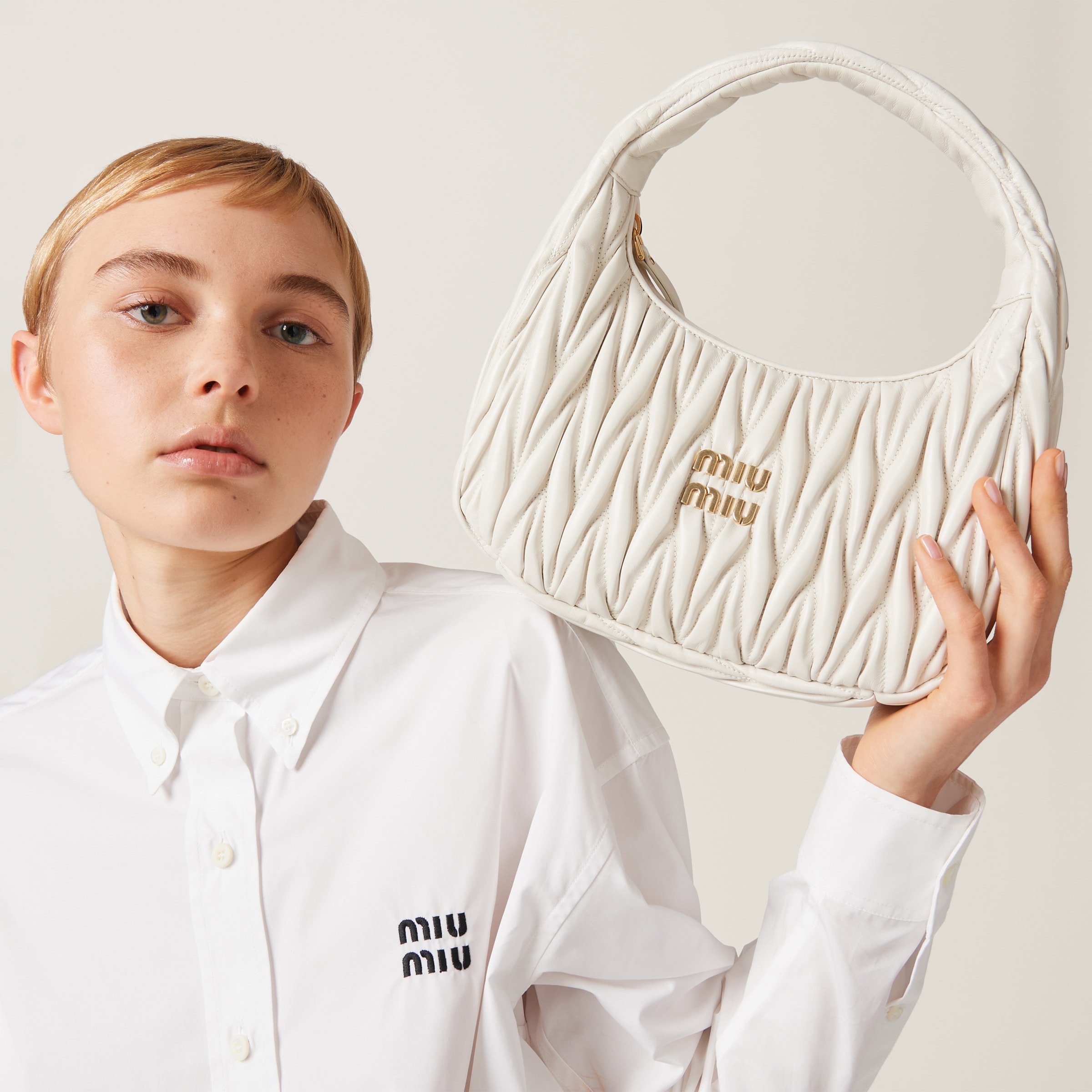 White Wander Matelassé Nappa Leather Hobo Bag | Miu Miu