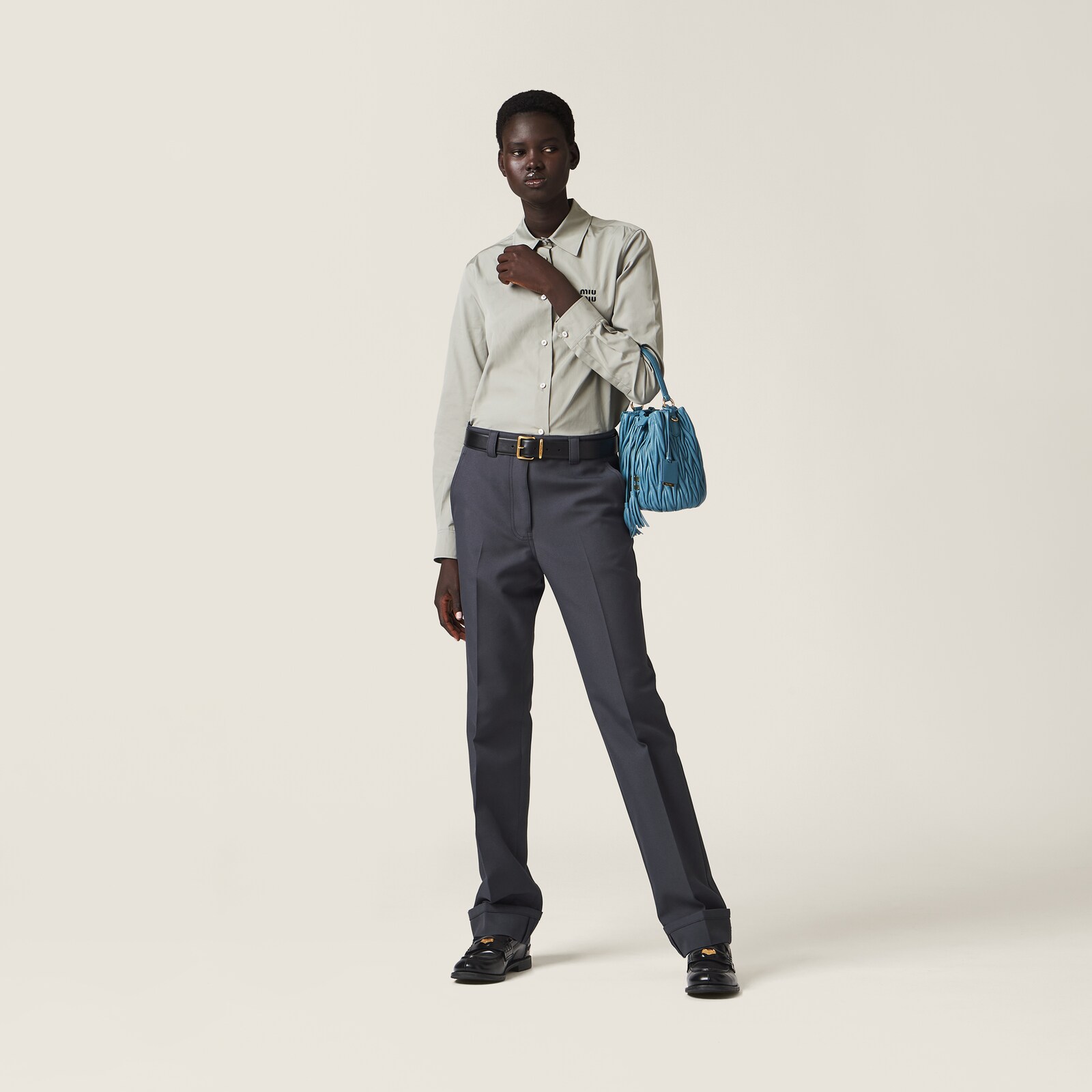Marina Blue Matelassé Nappa Leather Bucket Bag | Miu Miu