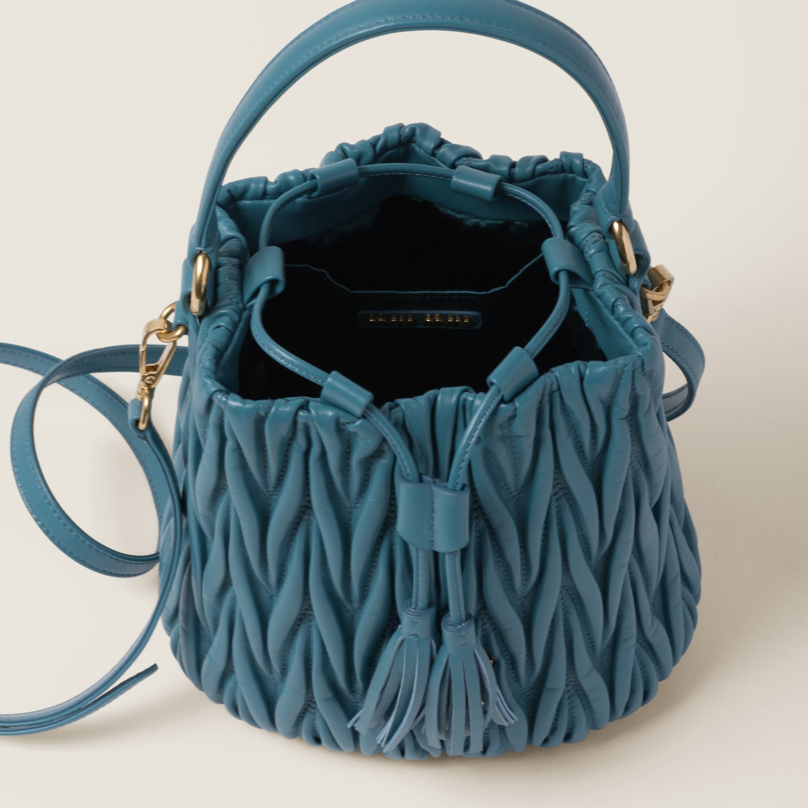 Marina Blue Matelassé Nappa Leather Bucket Bag | Miu Miu