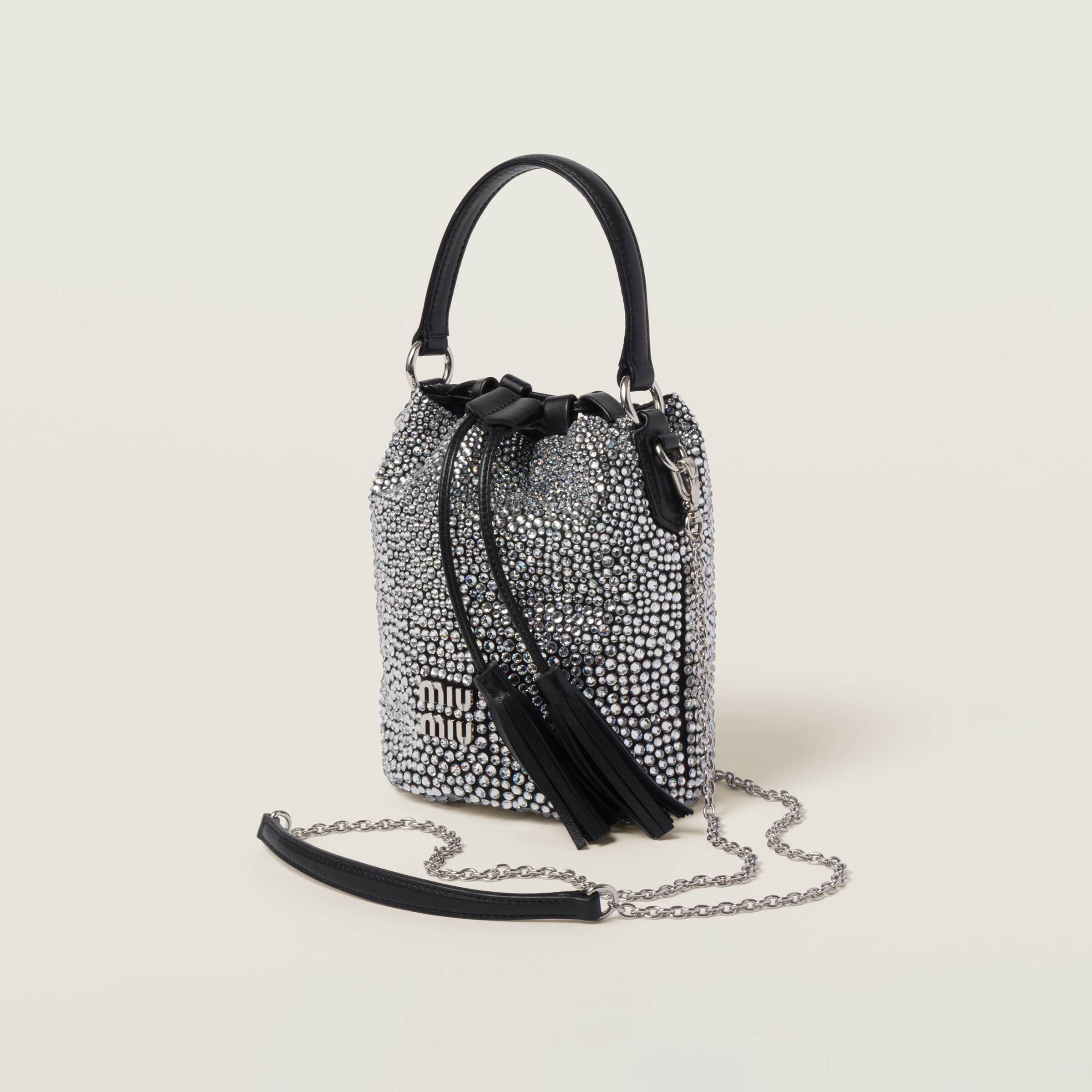 Black Satin Bucket Bag With Synthetic Crystals | Miu Miu