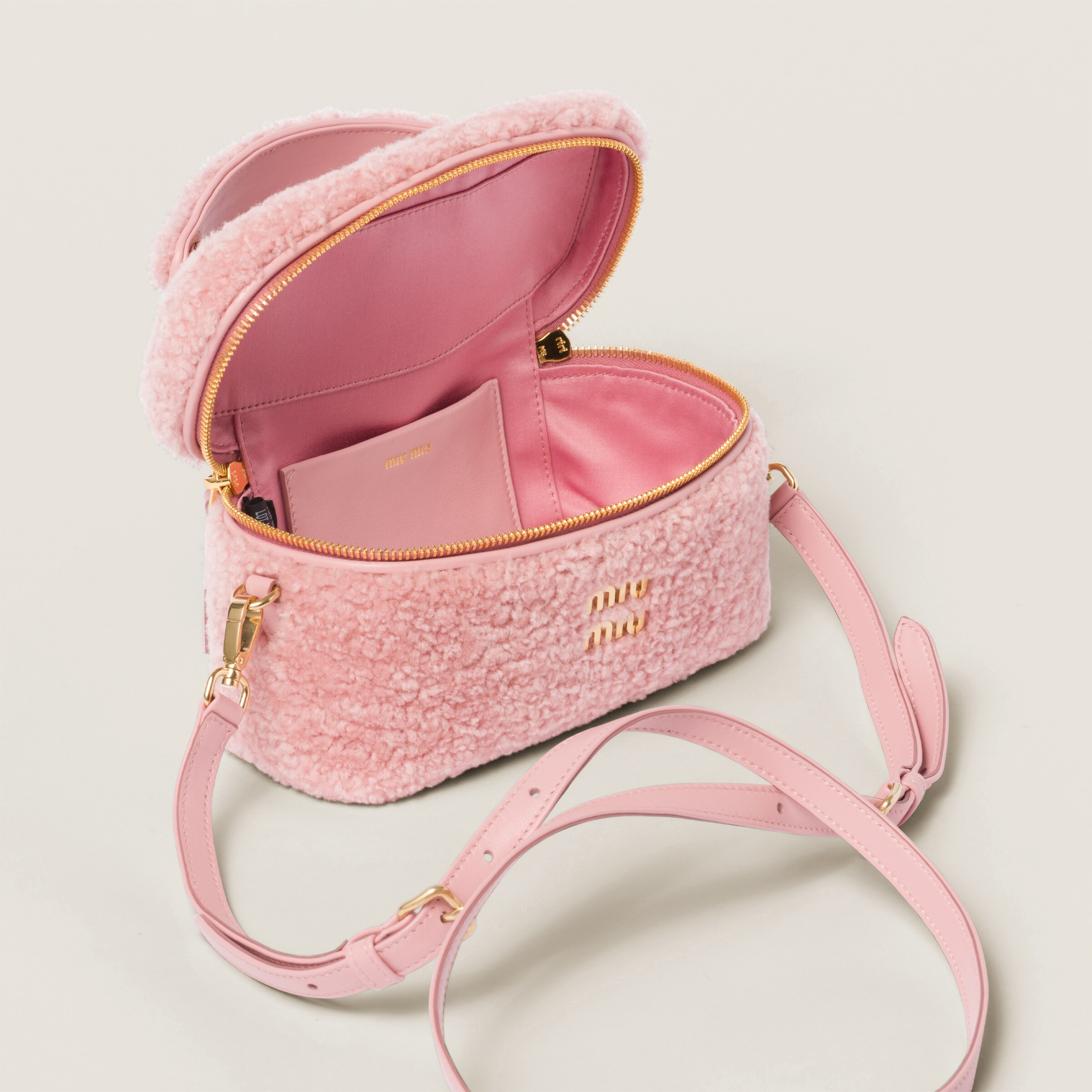 Pink Shearling Shoulder Bag With Leather Details | Miu Miu