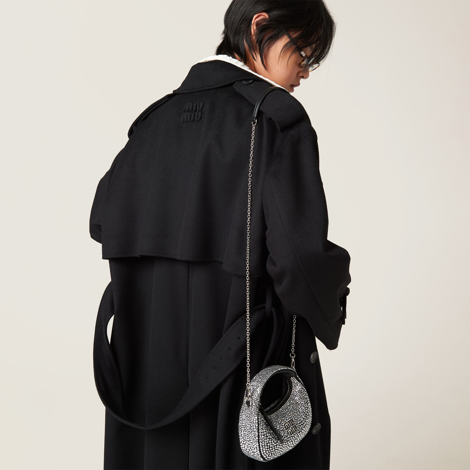 Black Wander Satin And Silk Mini Hobo Bag With Synthetic Crystals | Miu Miu