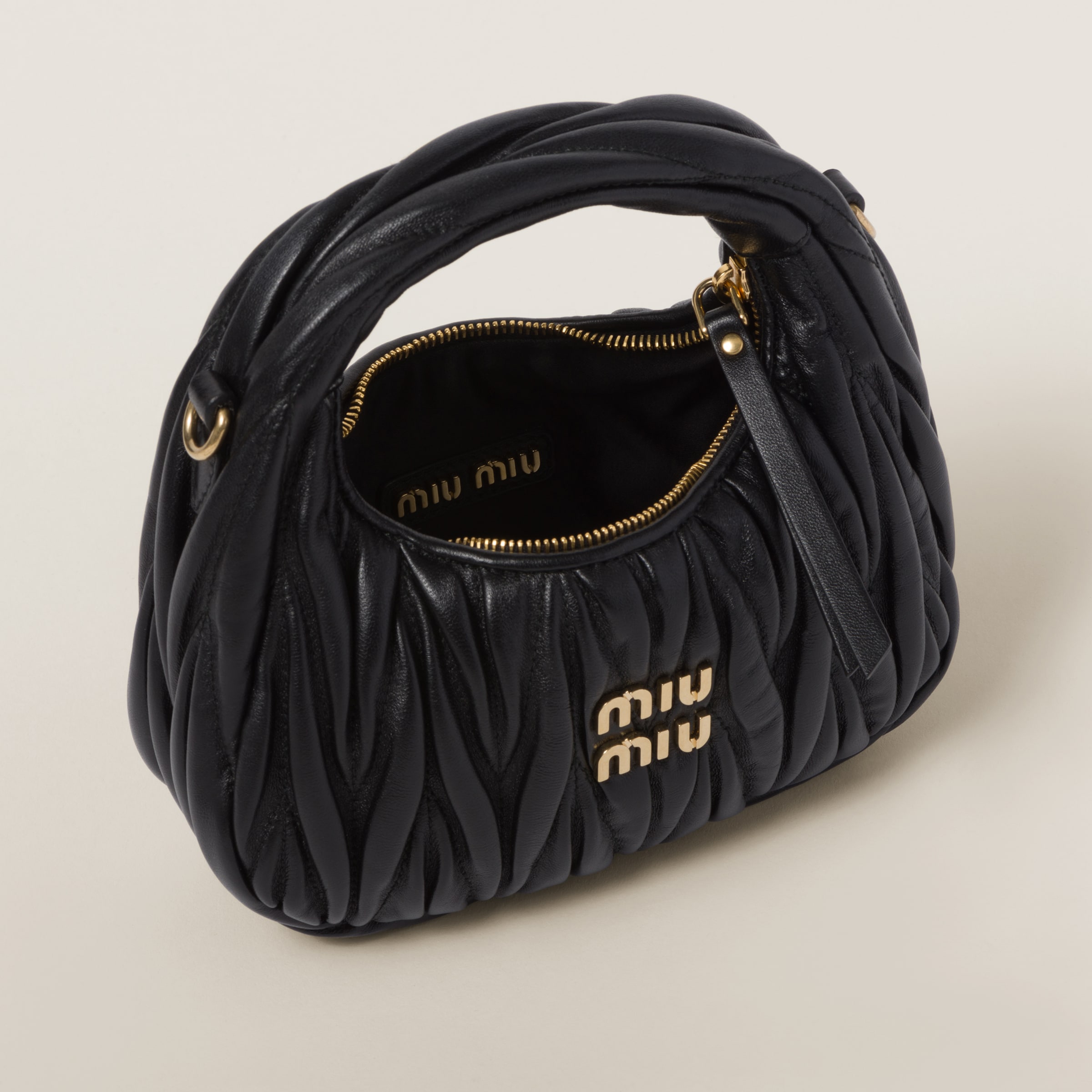 Black Wander Matelassé Nappa Leather Hobo Mini-bag | Miu Miu