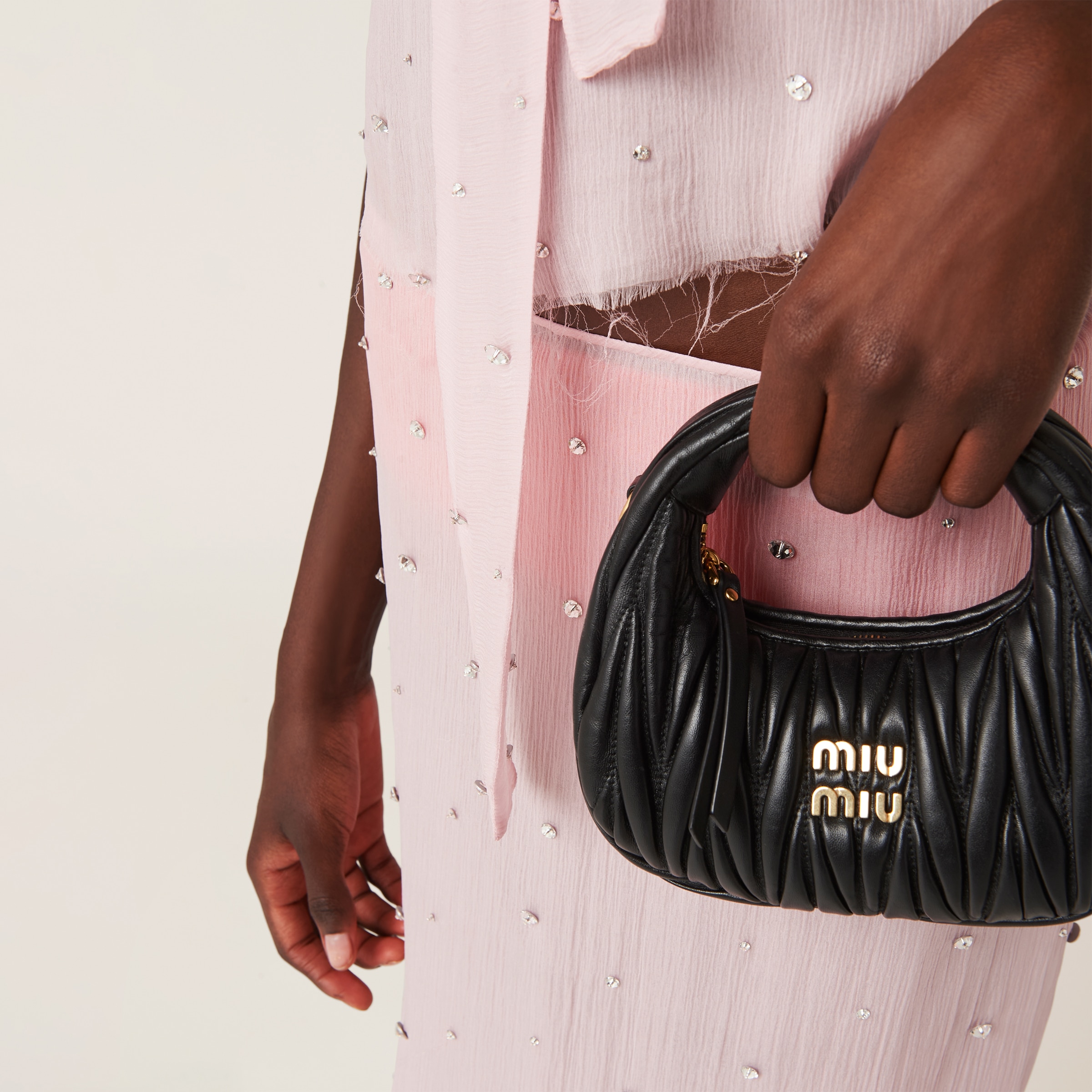 Black Wander Matelassé Nappa Leather Hobo Mini-bag | Miu Miu
