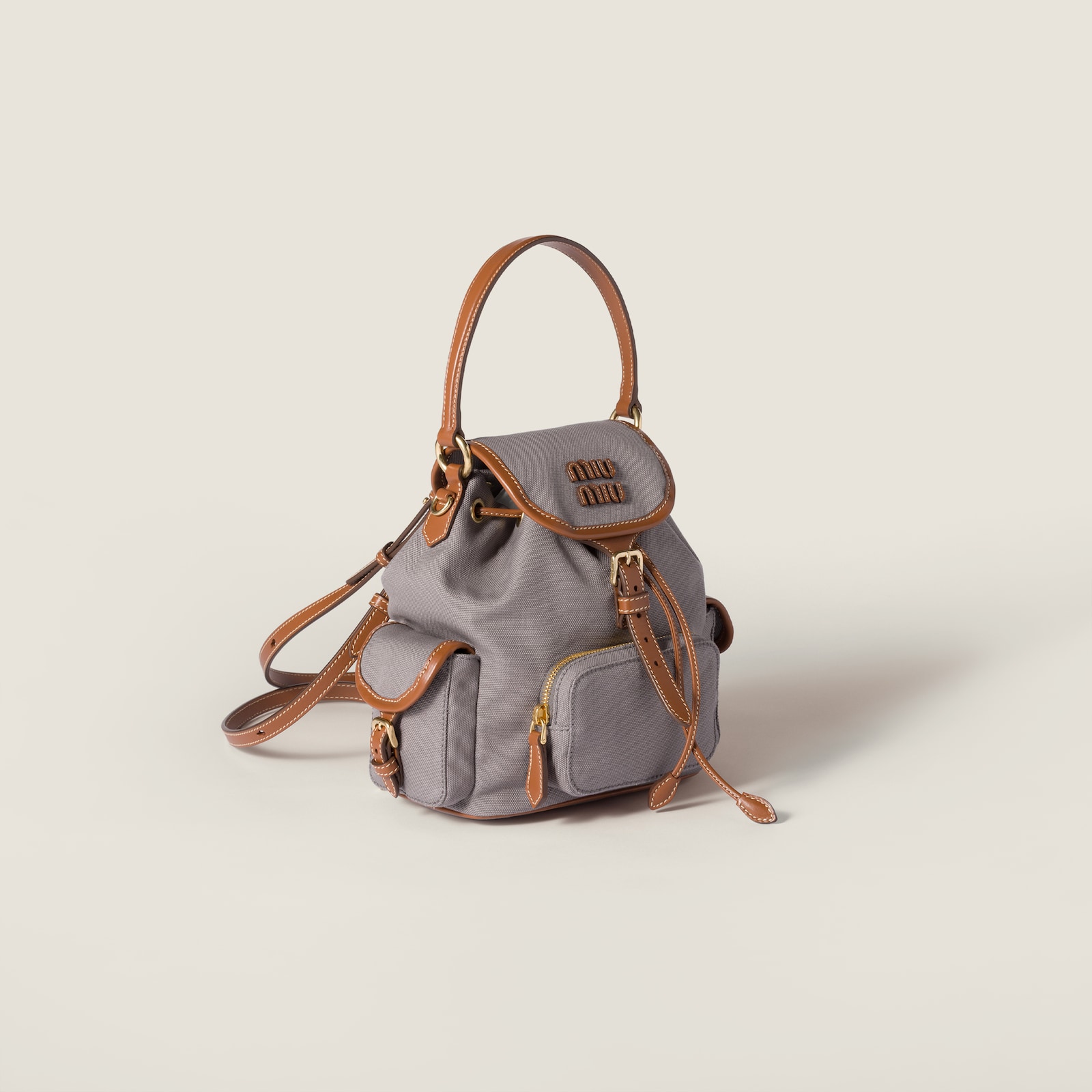 Aluminum/brandy Canvas And Leather Backpack | Miu Miu - United States