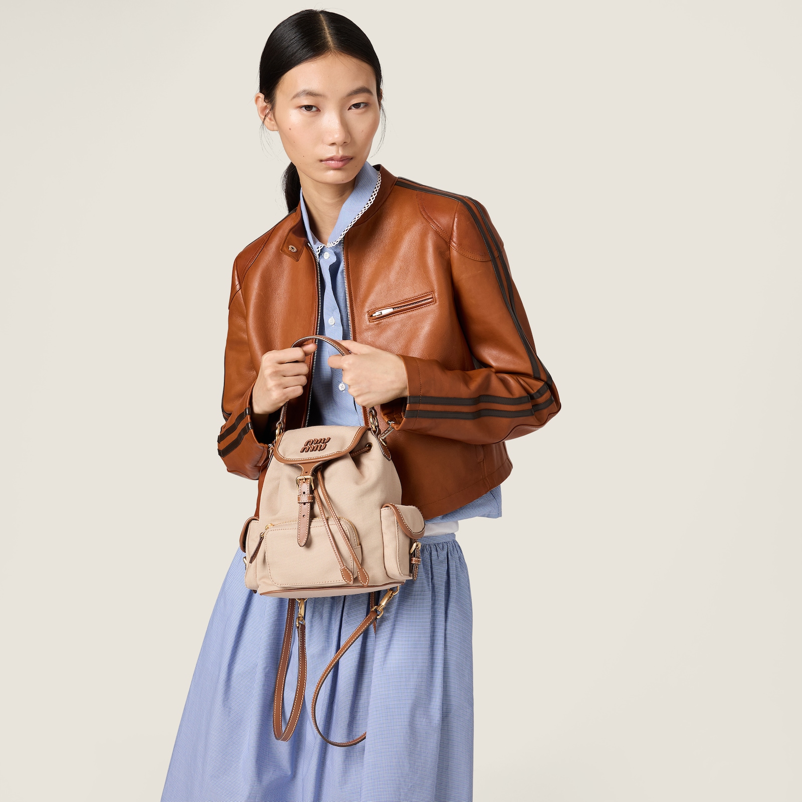 Cord Beige/brandy Canvas And Leather Backpack | Miu Miu - Japan