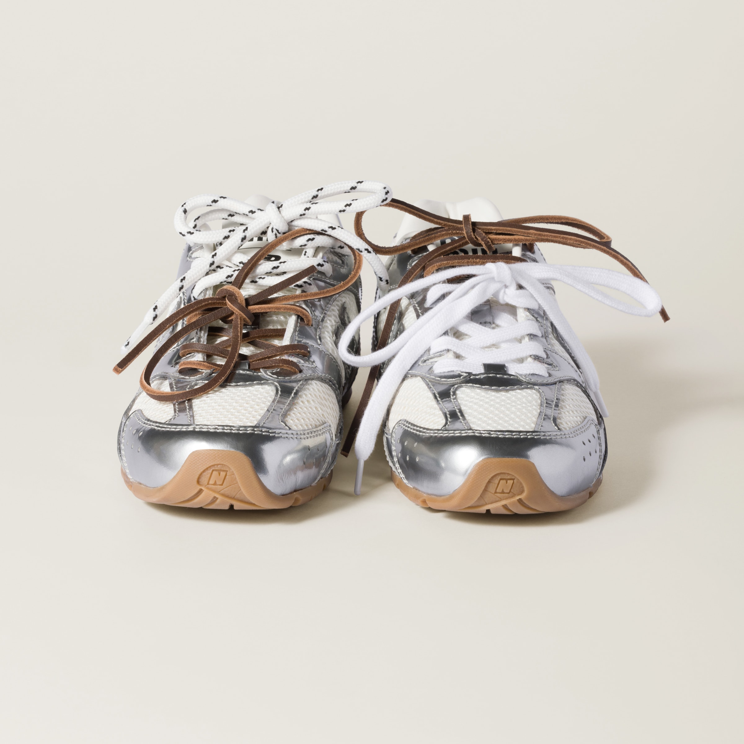 Silver New Balance X Miu Miu 530 Sl Metallic Leather And Mesh Sneakers | Miu Miu