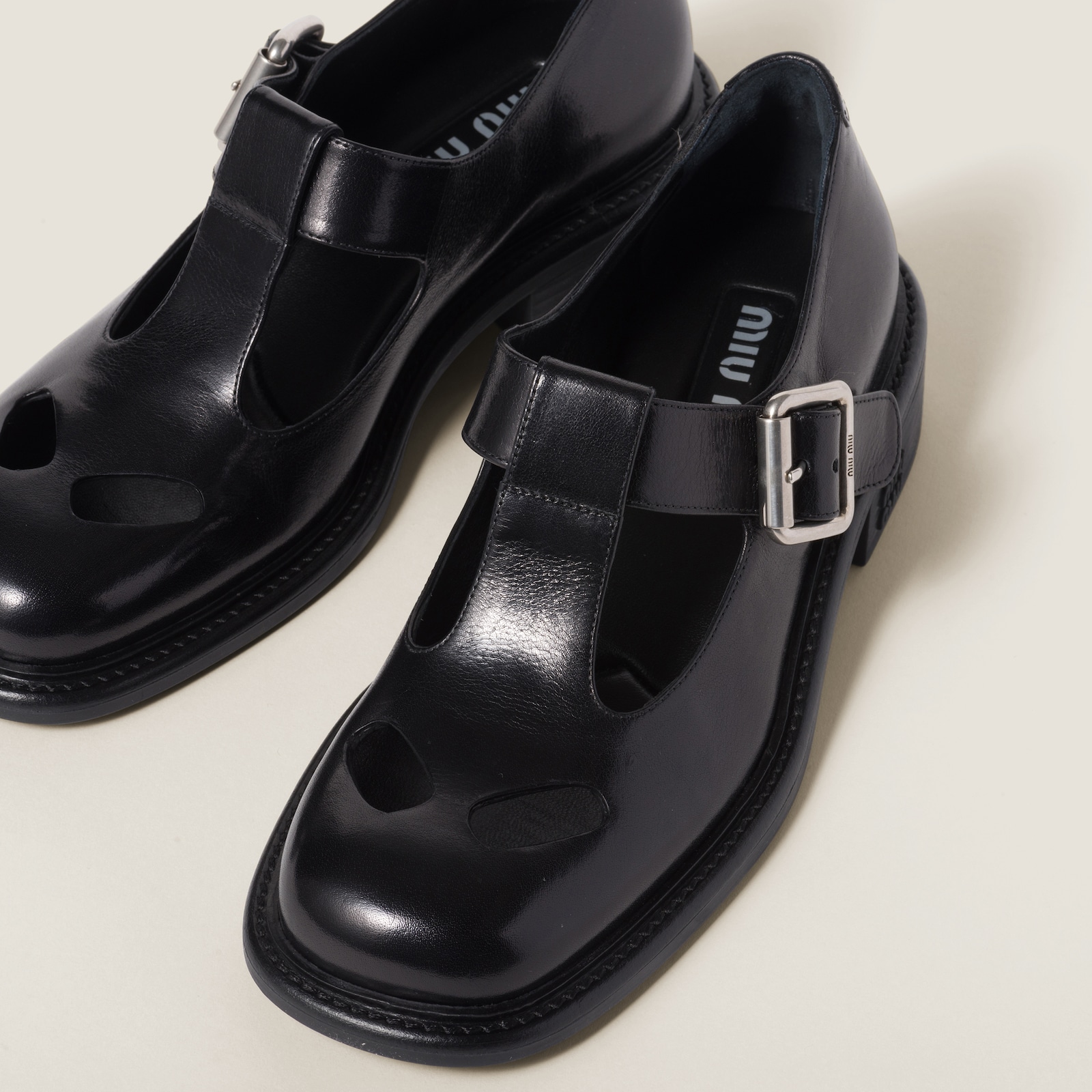 Black Leather T-bar Shoes | Miu Miu
