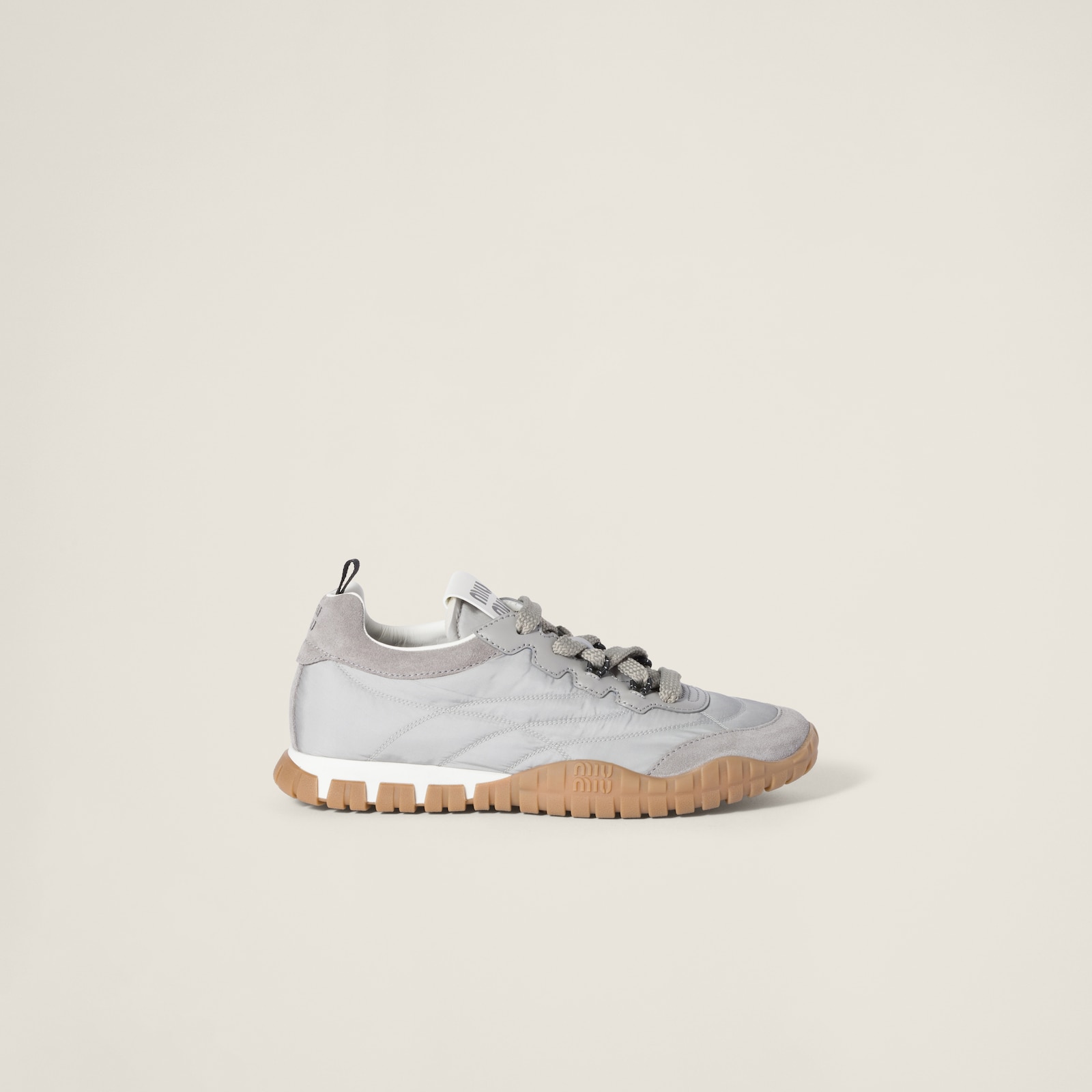 Cloudy Gray Tyre Technical Fabric And Suede Sneakers | Miu Miu