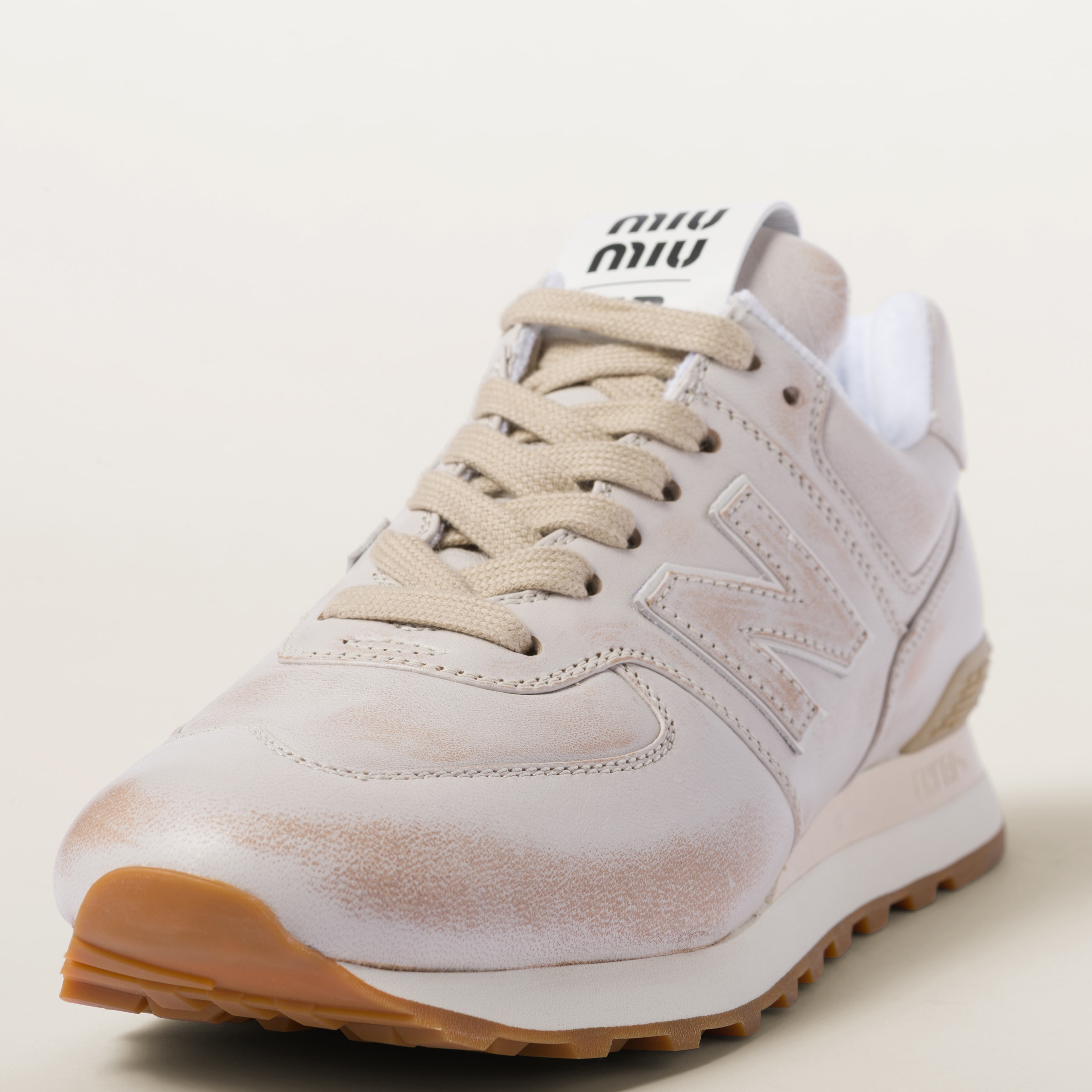 White New Balance 574 X Miu Miu Vintage-effect Nappa Leather Sneakers | Miu Miu