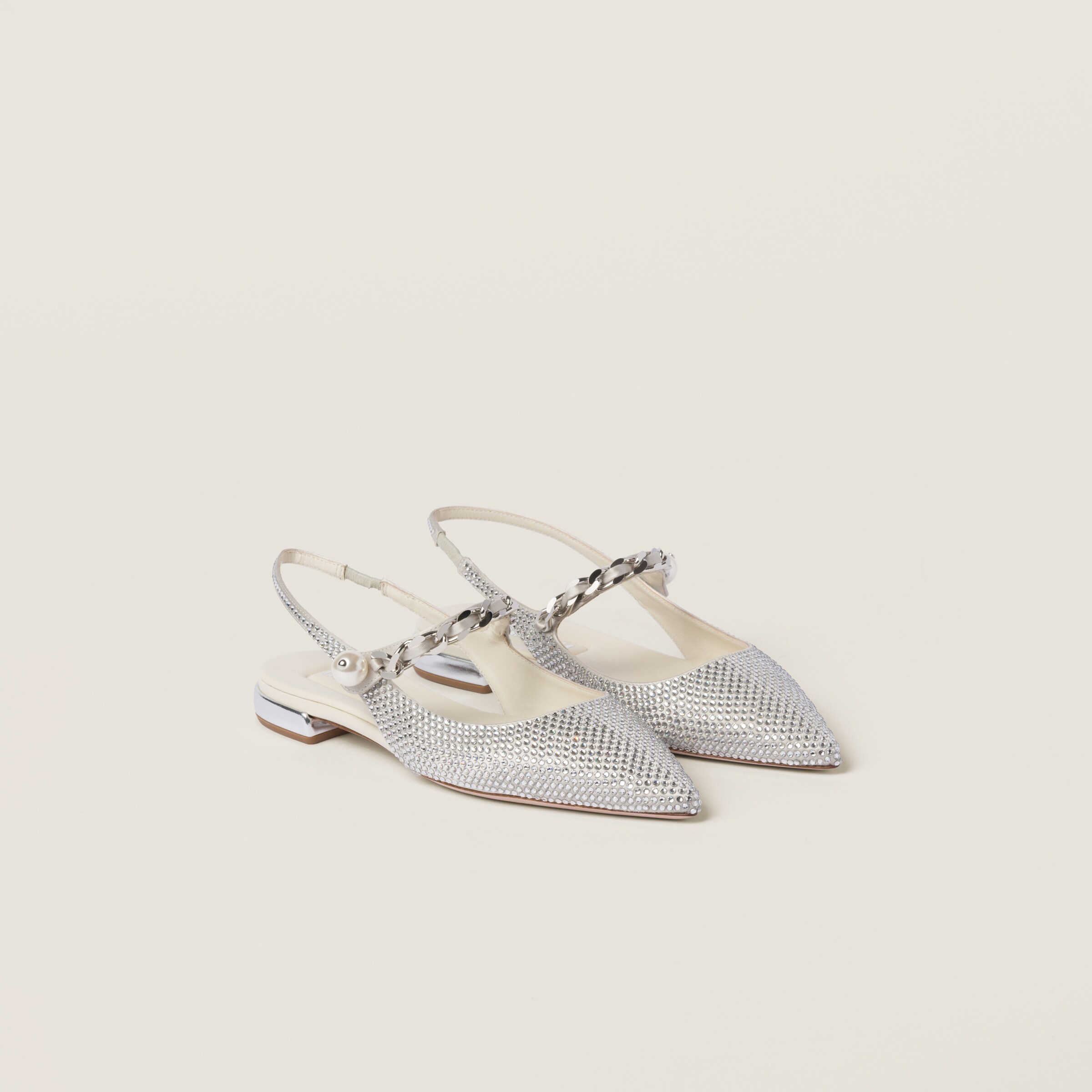 Pearl Gray Satin Ballerina Slingbacks With Artificial Crystals | Miu Miu
