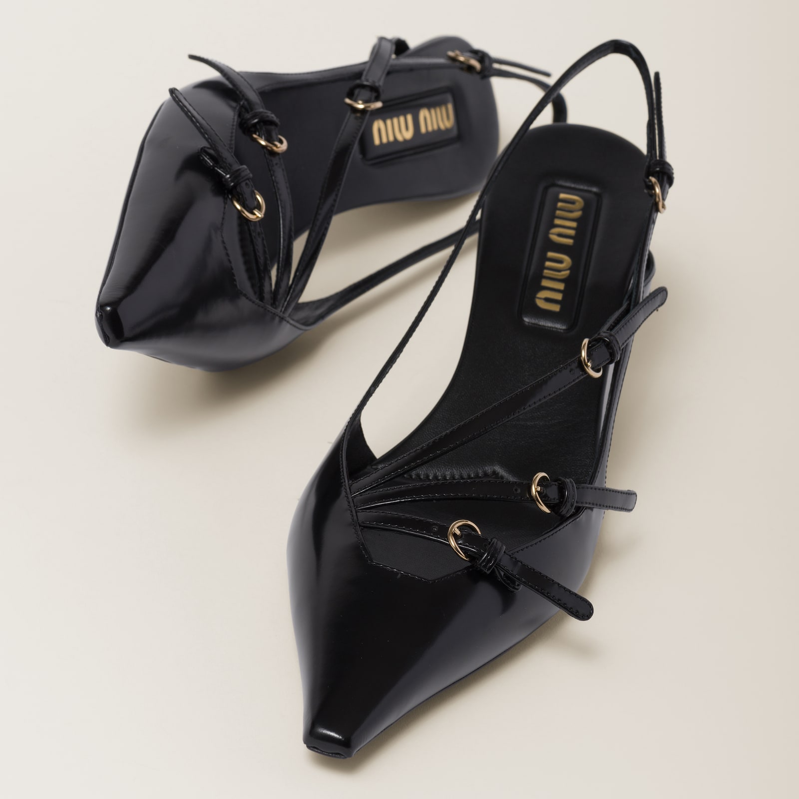 Black Brushed Leather Slingbacks With Buckles | Miu Miu