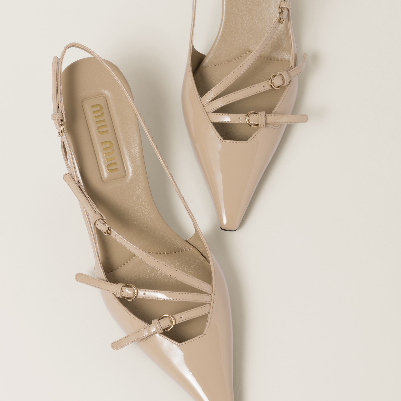 Sand Beige Patent Leather Slingbacks With Buckles | Miu Miu